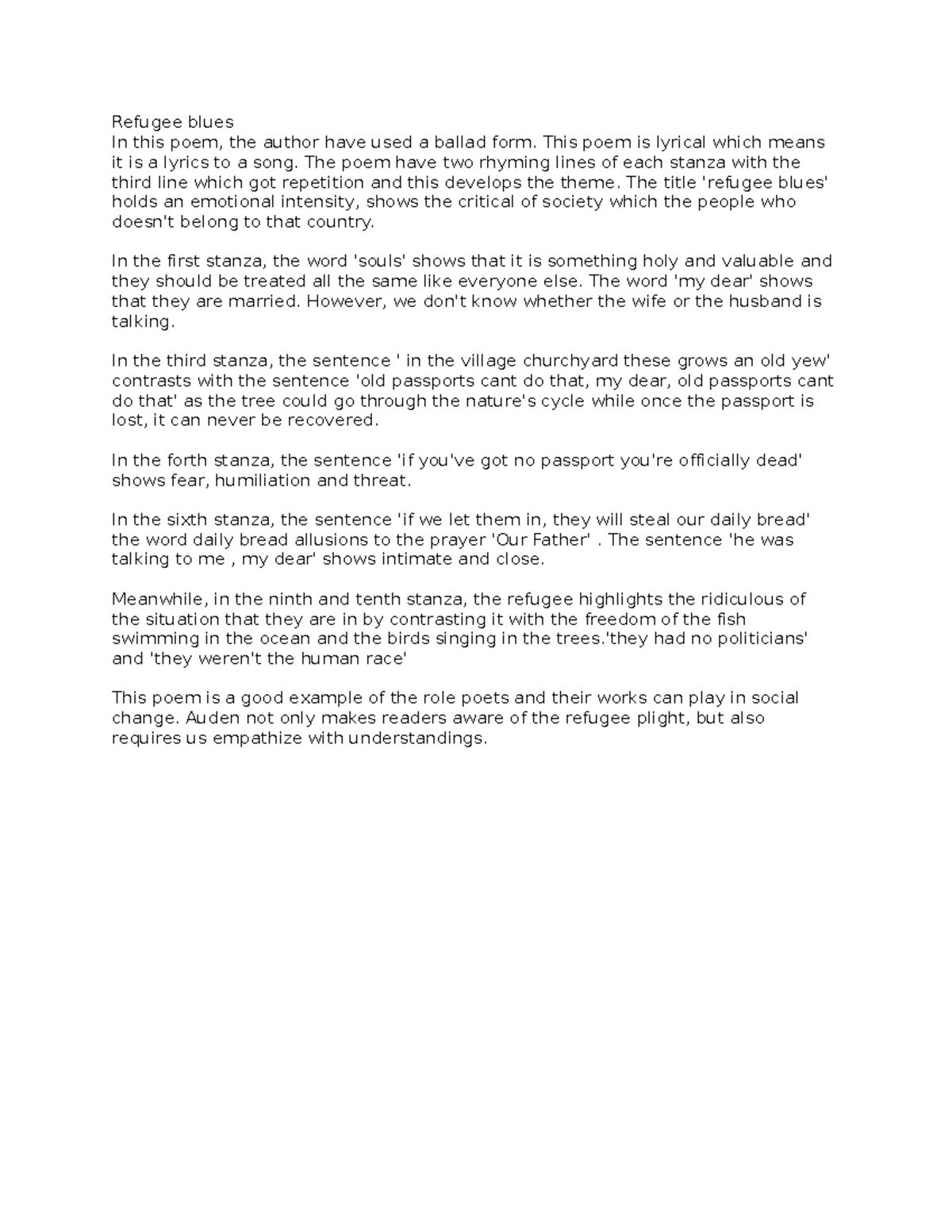 Refugee blues - Poetry analysis - Refugee blues In this poem, the ...