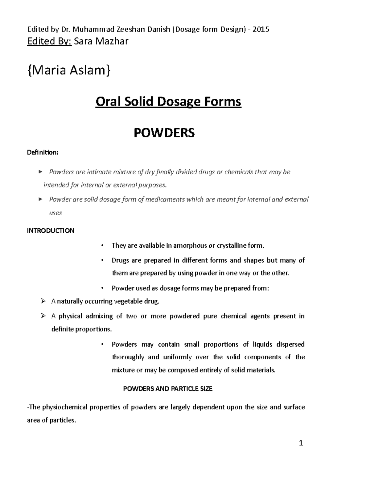 Solid dosage Form Notes - Edited By: Sara Mazhar {Maria Aslam} Oral ...