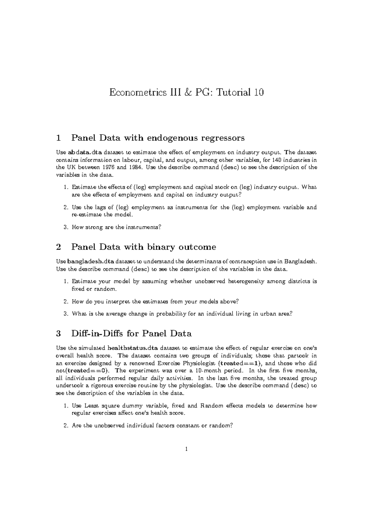 Tutorial 10b - Econometrics III & PG: Tutorial 10 1 Panel Data with endogenous regressors Use ...