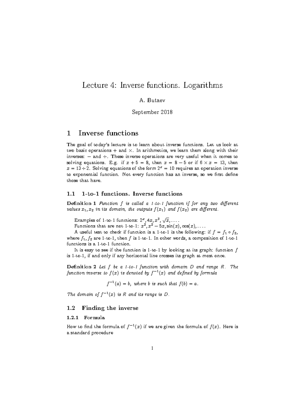 Lecture 4 Notes Inverse Functions And Logarithms Lecture 4 Inverse
