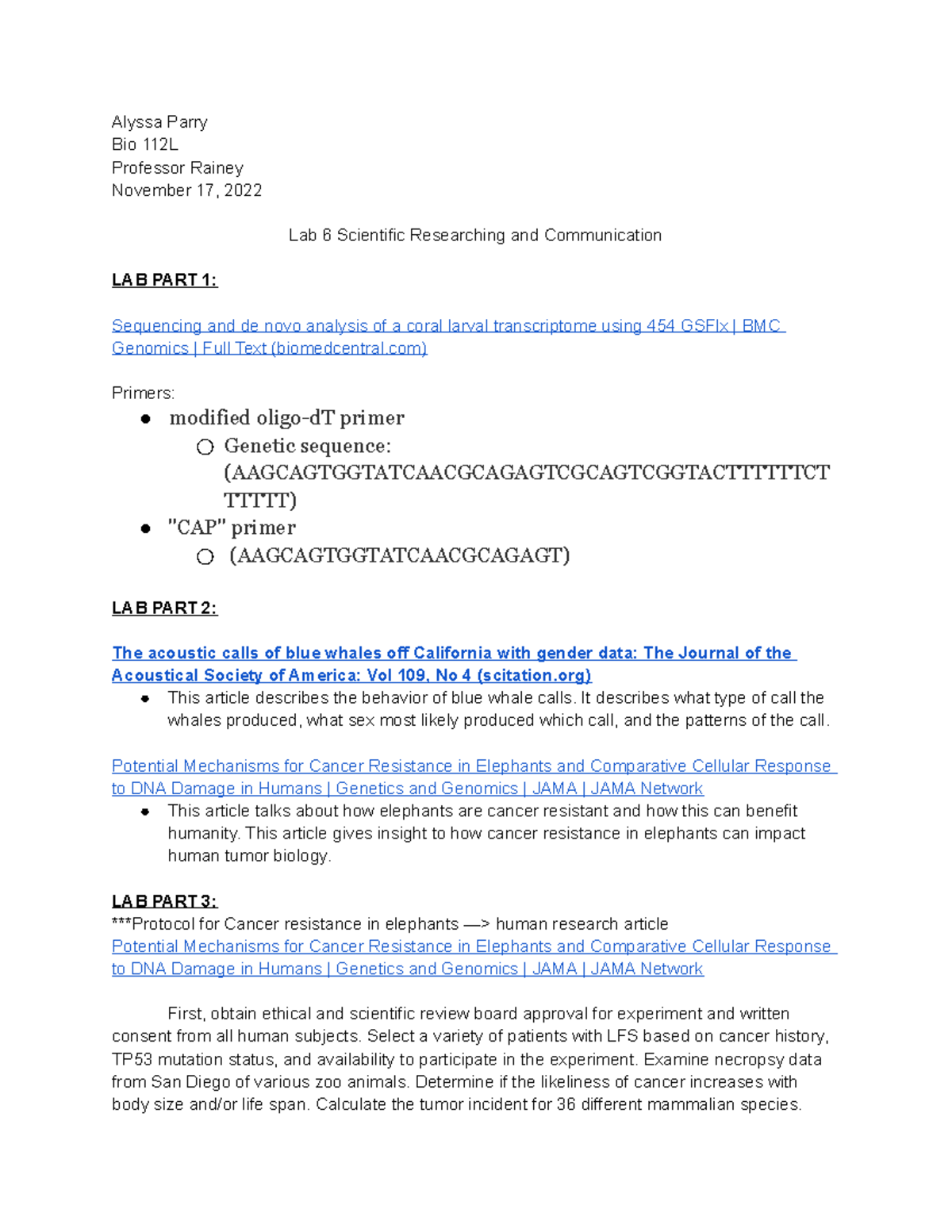 BIO 112L Lab 6 - Bio Lab report - Alyssa Parry Bio 112L Professor ...