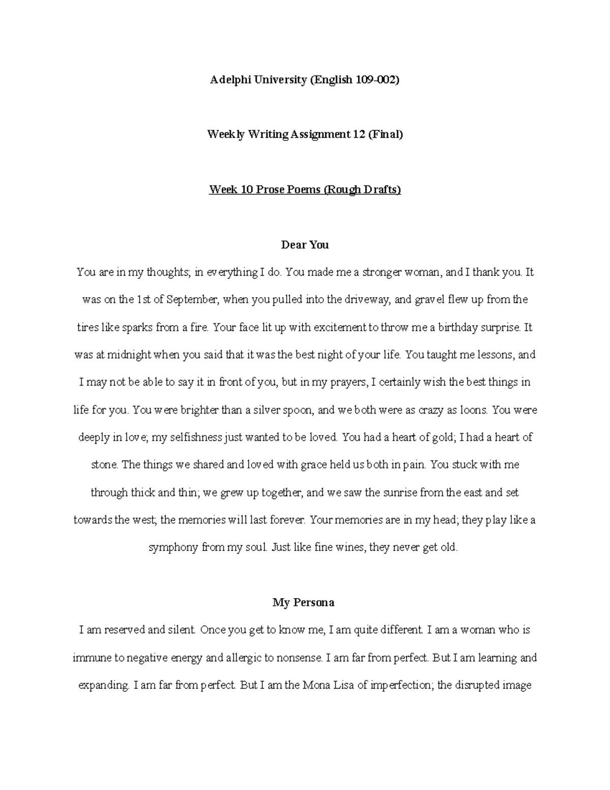 Week12 rough and final - Adelphi University (English 109-002) Weekly Writing Assignment 12 ...