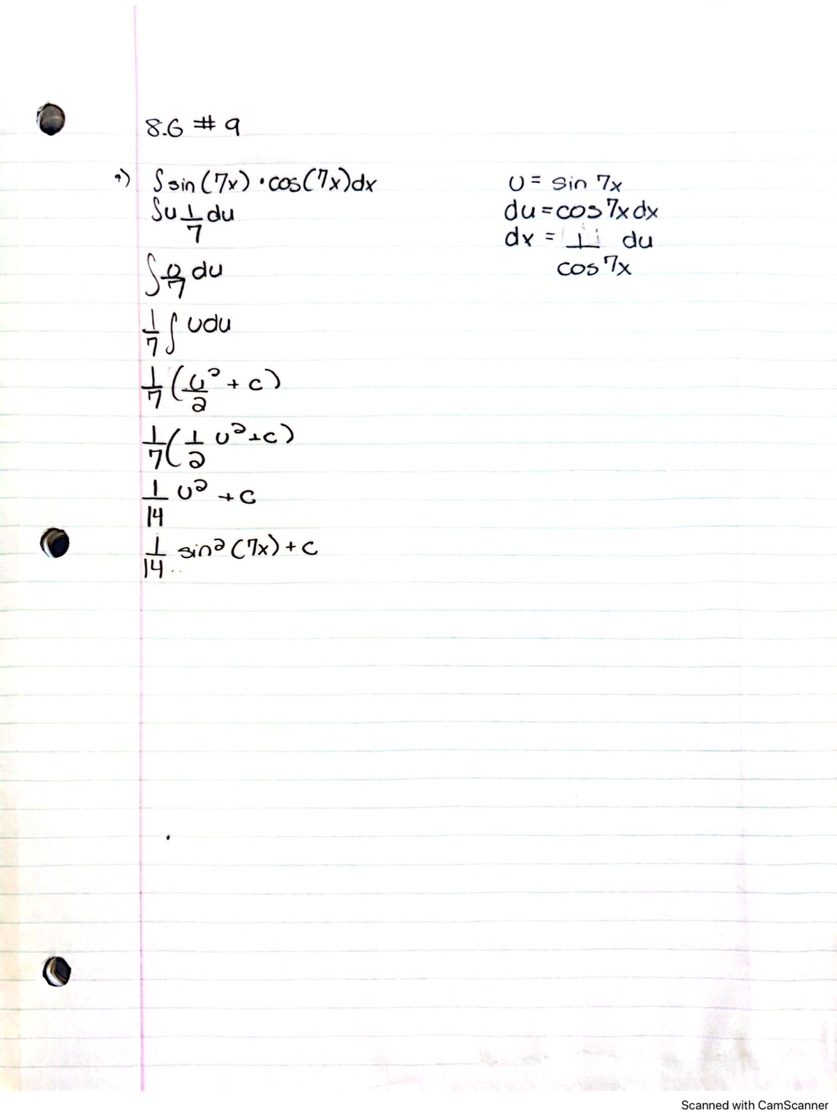 Cam Scanner 07-16-2024 23 - MA 124 - 8 # 9 Ssin (7x) .cos(7x)dx U= Sin ...