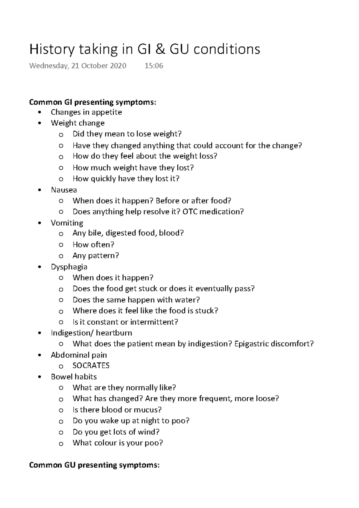 History taking in GI & GU conditions - Common GI presenting symptoms ...