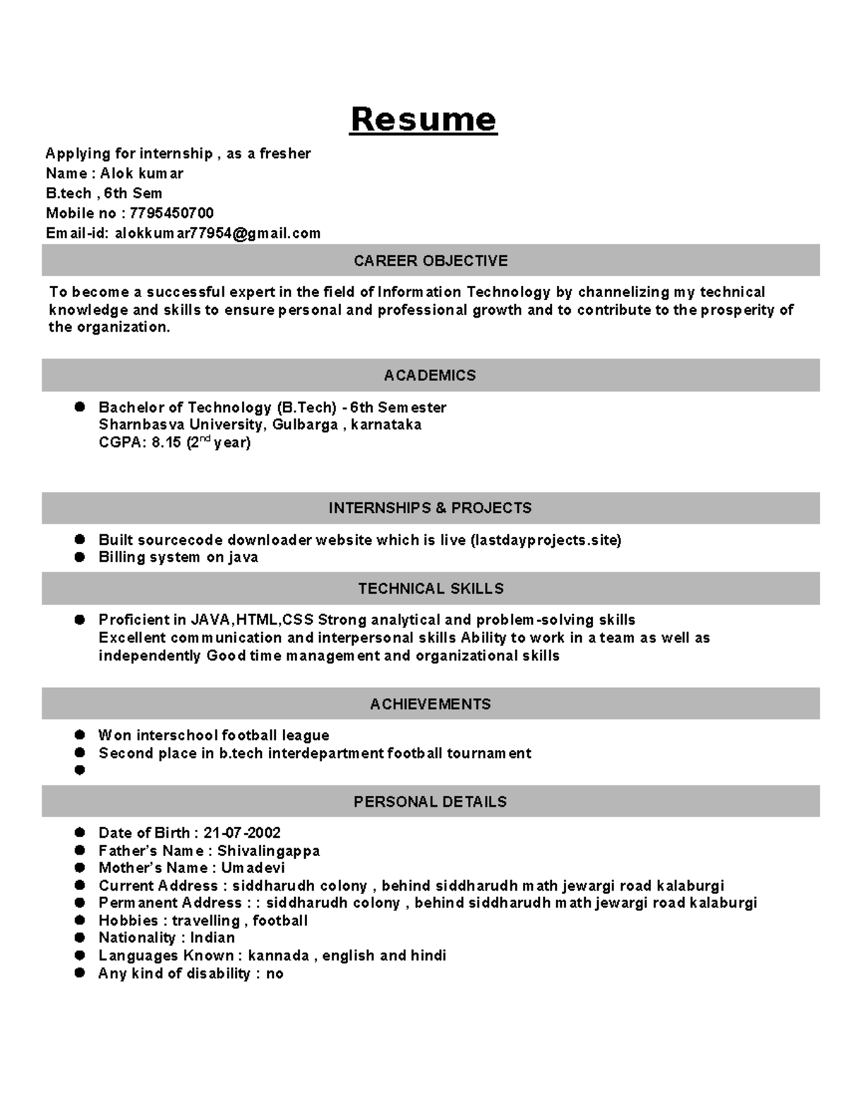 Resume Format - Resume Applying for internship , as a fresher Name ...