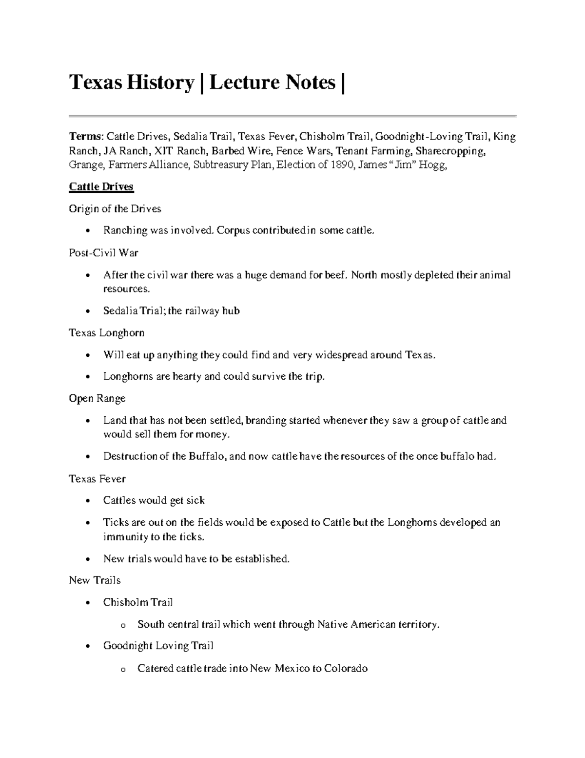 HIST-2301 Notes 14 - Texas History | Lecture Notes | Terms: Cattle ...
