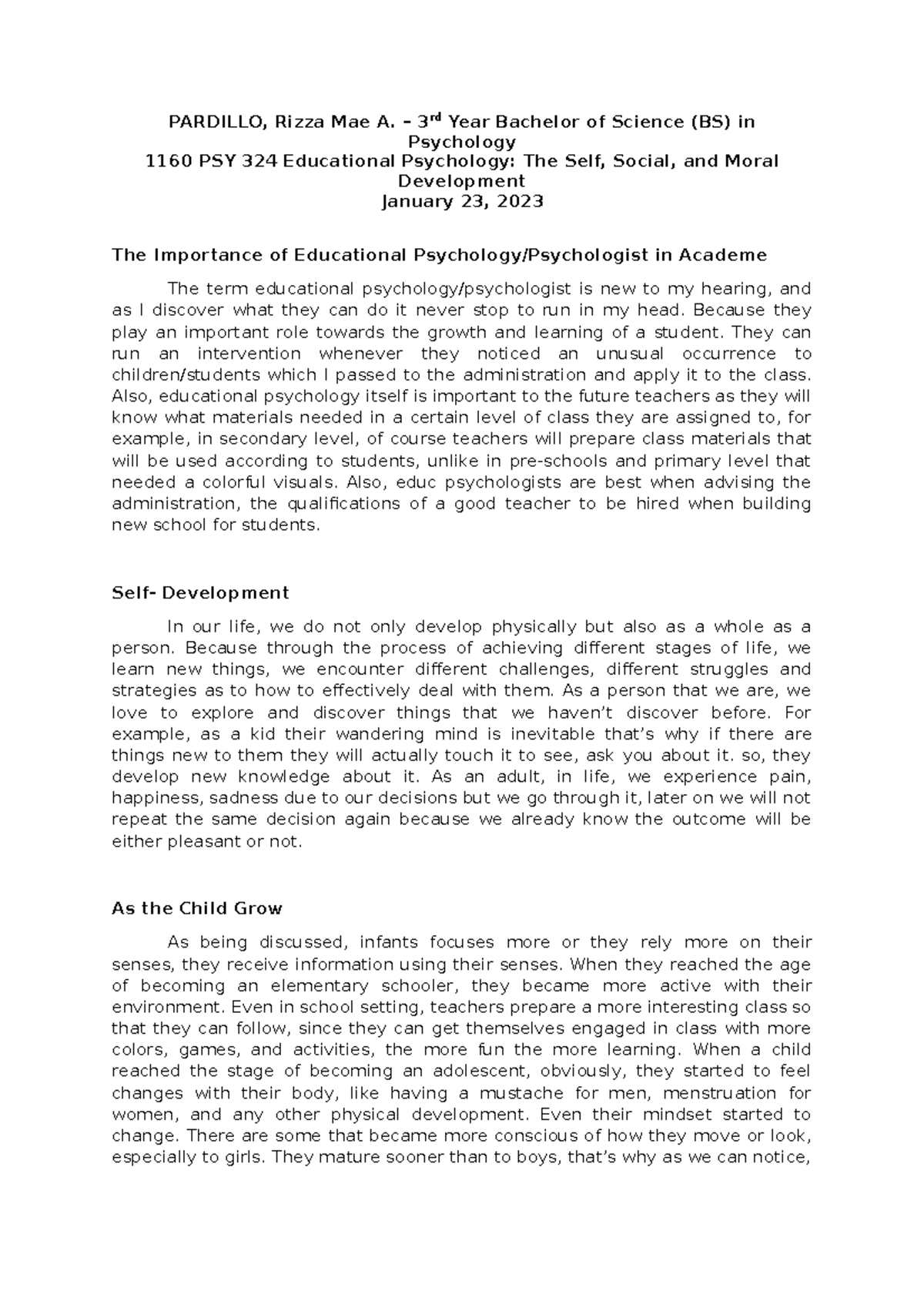 Insight 2 educ psych - PARDILLO, Rizza Mae A. – 3rd Year Bachelor of ...