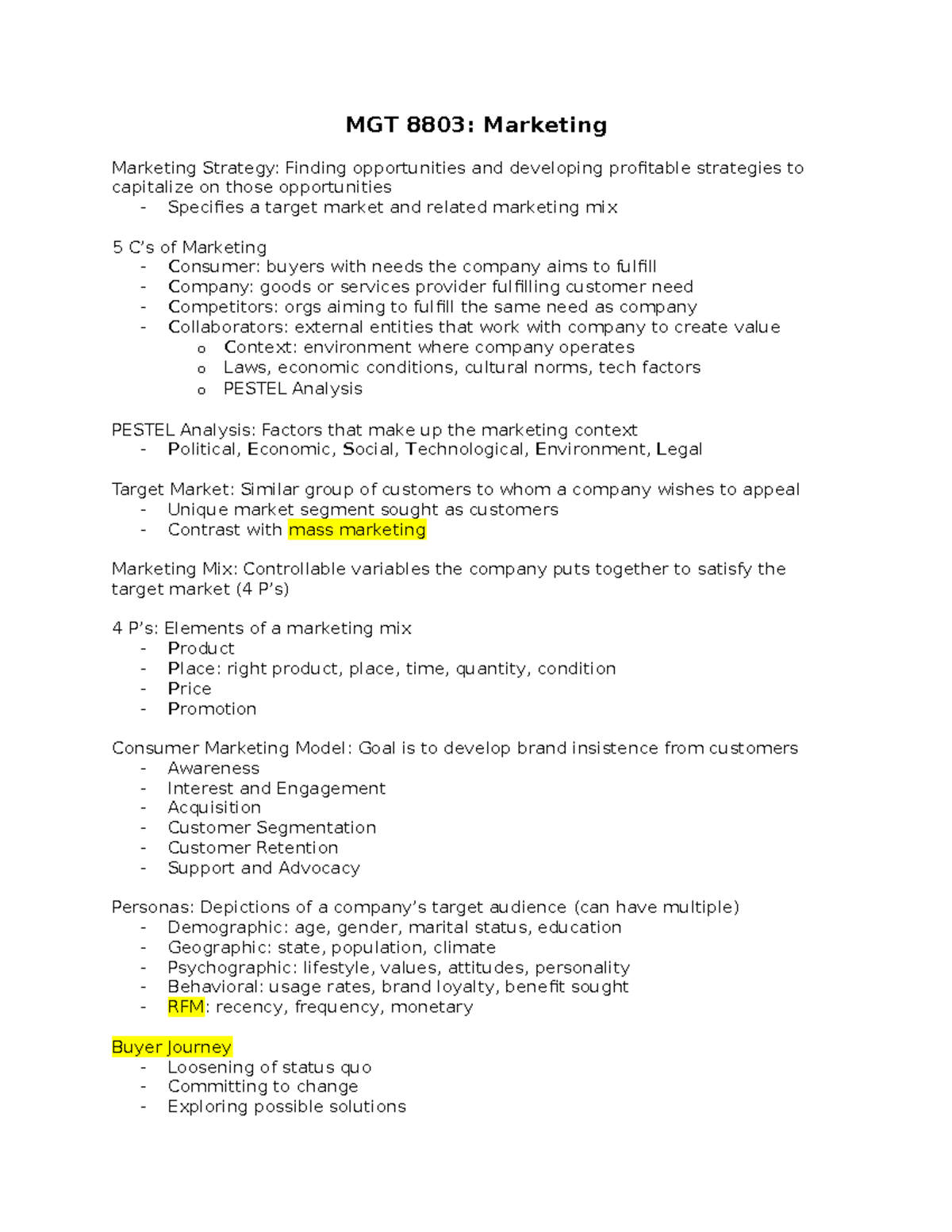 MGT 8803: Marketing Strategies and Key Concepts Overview - MGT 8803: Marketing Marketing ...