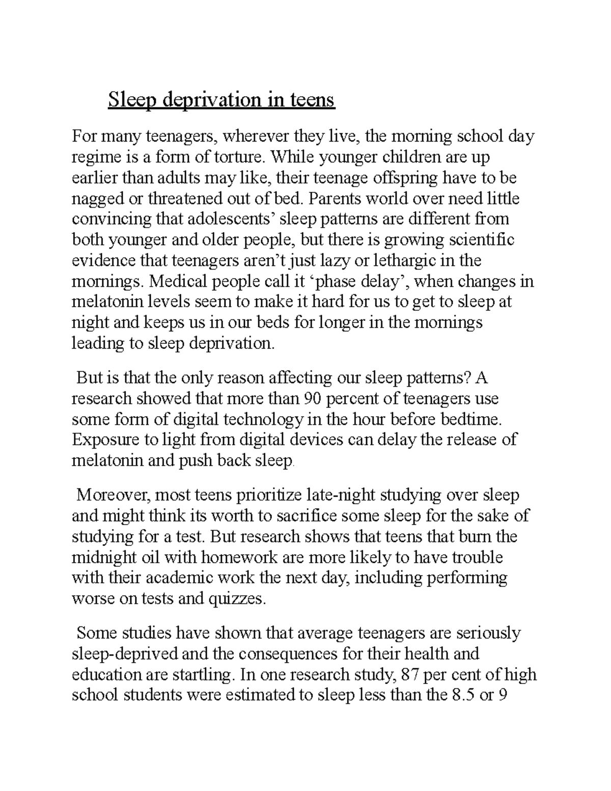 Sleep deprivation in teens - While younger children are up earlier than ...