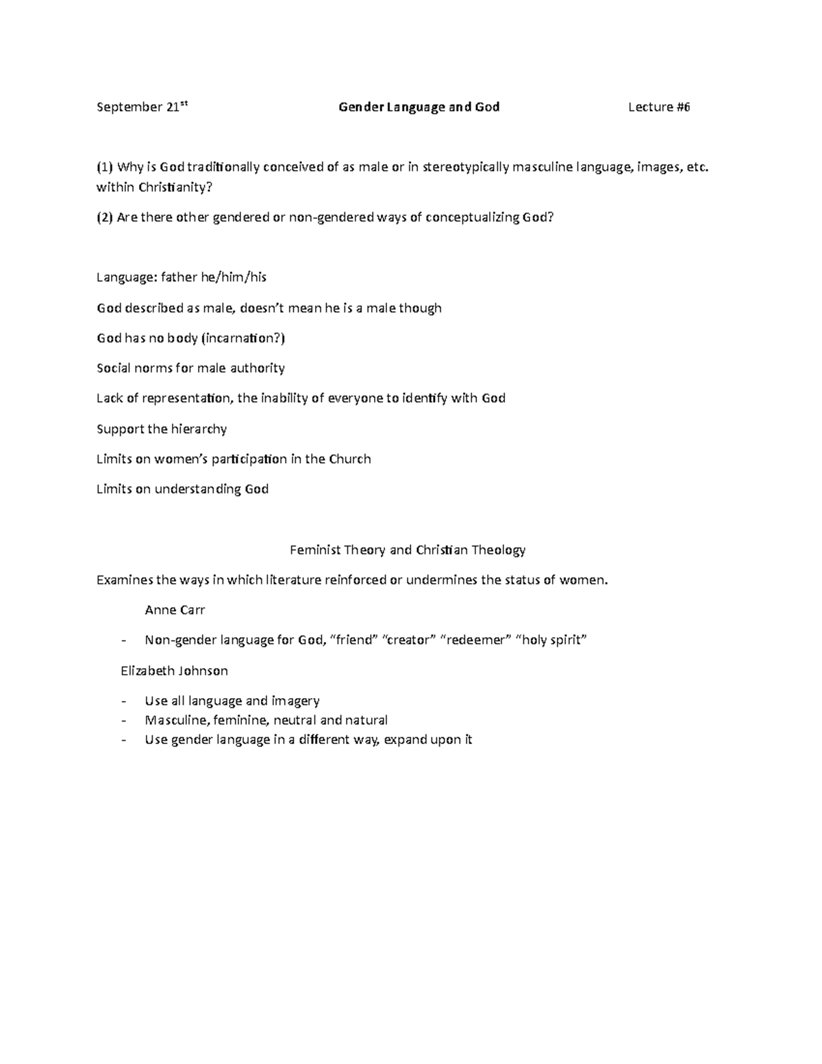 Theo lecture 6 - gender language and God - September 21st Gender ...