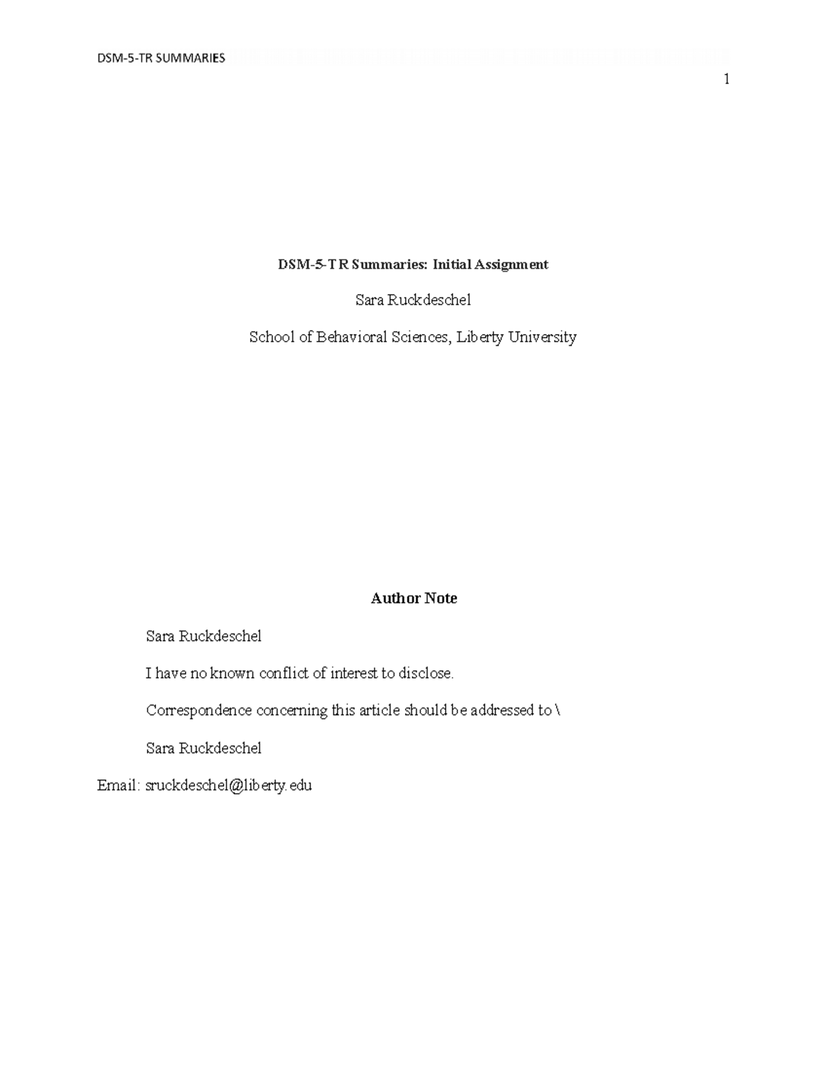 DSM 5 TR initial assignment - DSM-5-TR Summaries: Initial Assignment Sara Ruckdeschel School of ...