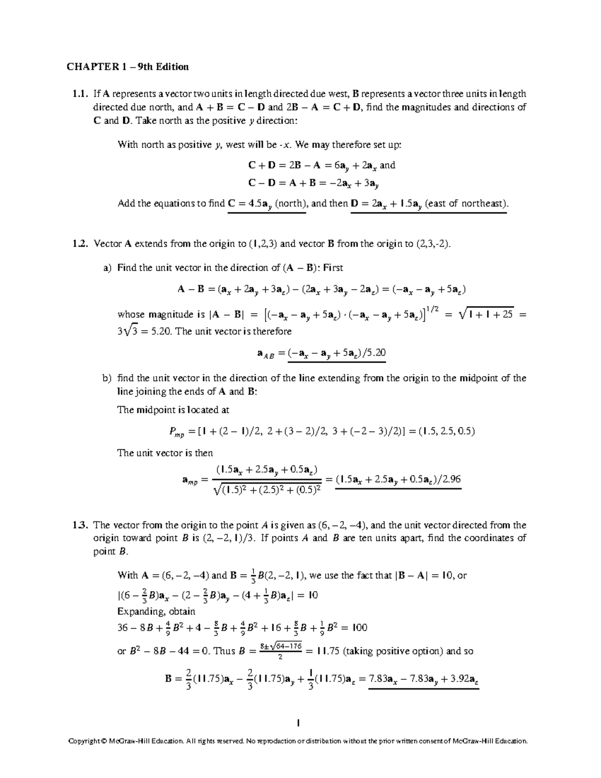 Sm ch 1 ee hayt 9 - ... - CHAPTER 1 – 9th Edition 1. If 𝐀 represents a ...