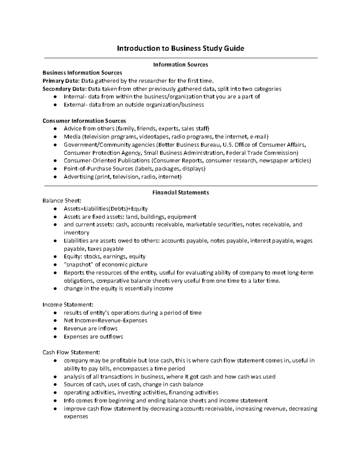 Introduction to Business Study Guide - Introduction to Business Study Guide Information Sources ...