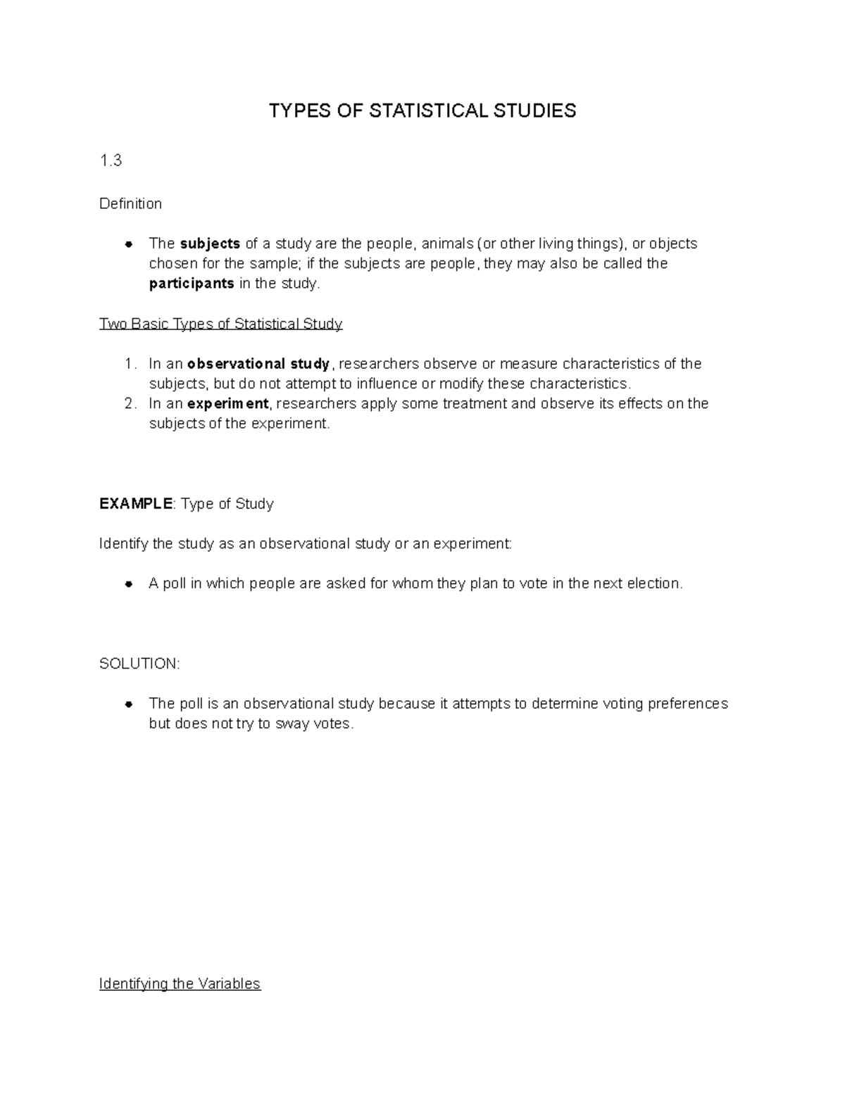 MTH 155 Chapter 1.3 Notes Types of Statistical Studies - TYPES OF ...