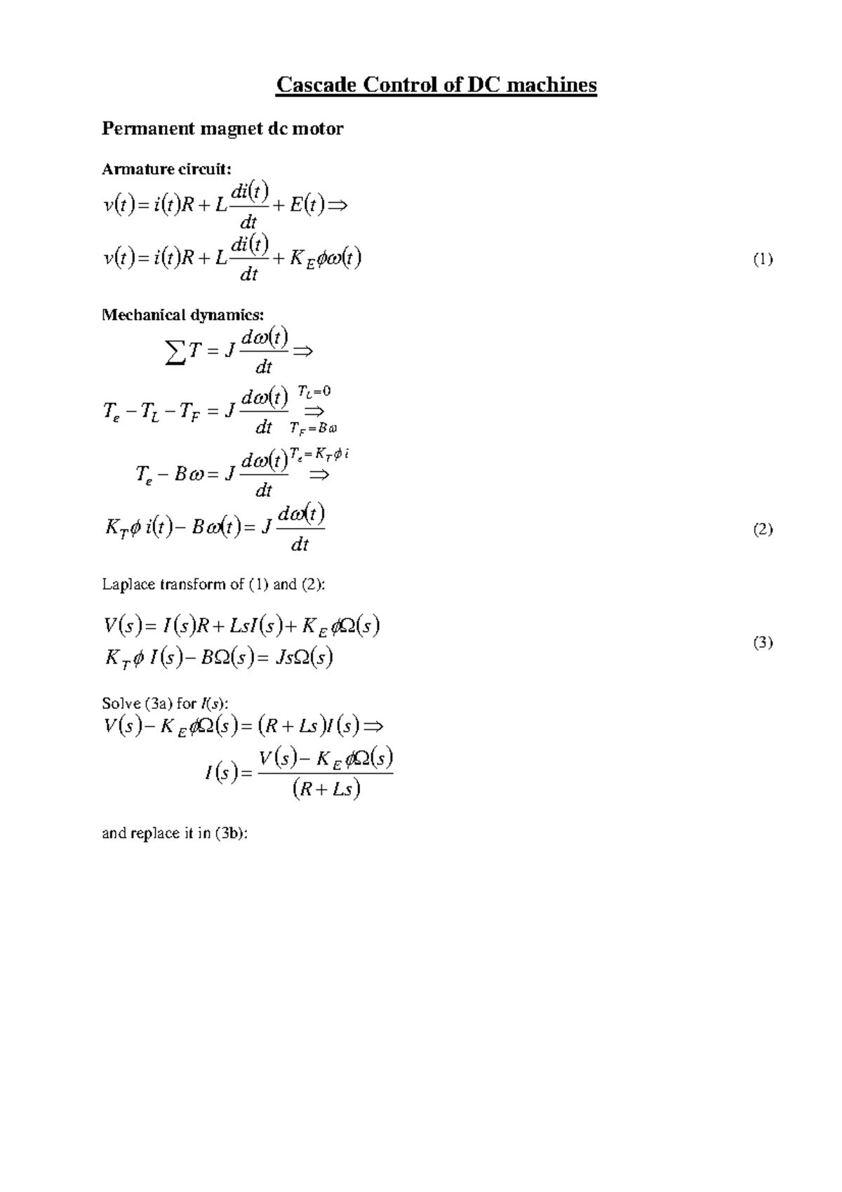 Cascade Control of Dc machines tut - Cascade Control of DC machines ...
