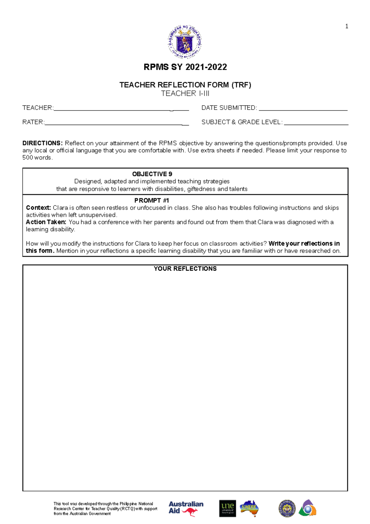 Appendix 4A Teacher Reflection Form for T I III for RPMS SY 2021 2022 ...