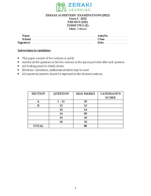 Homescience Form 1 - ZERAKI ACHIEVERS’ EXAMINATIONS (2023) TERM 1 ...