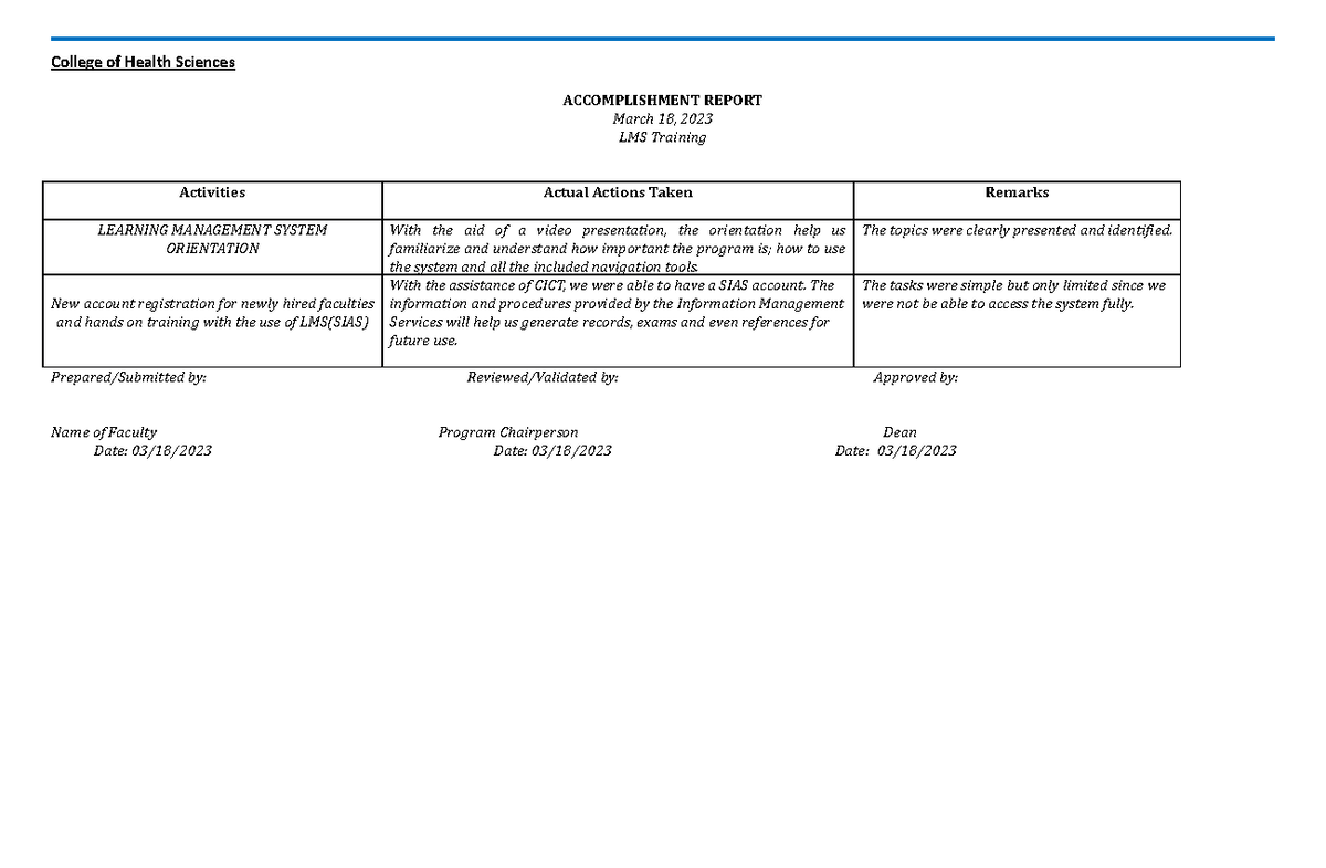 LMS - LEARNING MODULE - College of Health Sciences ACCOMPLISHMENT ...