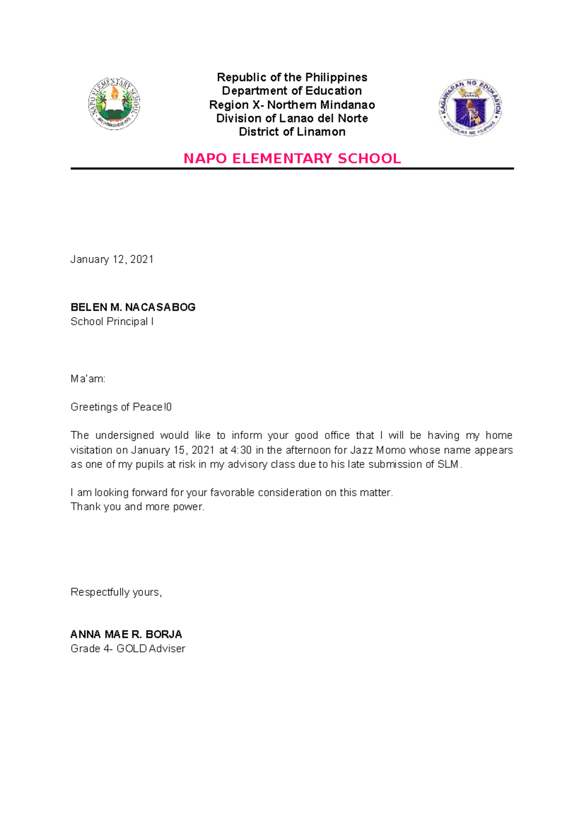 Home visit letter - Republic of the Philippines Department of Education ...