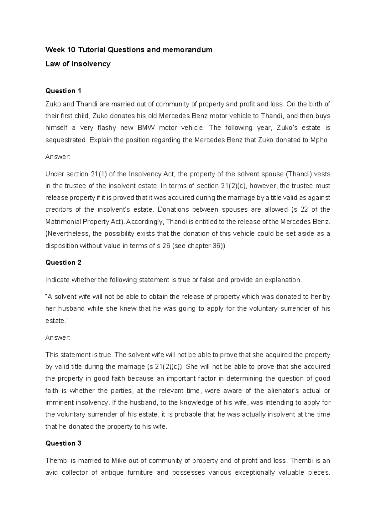 Week 10 Tutorial Questions and memo - On the birth of their first child ...