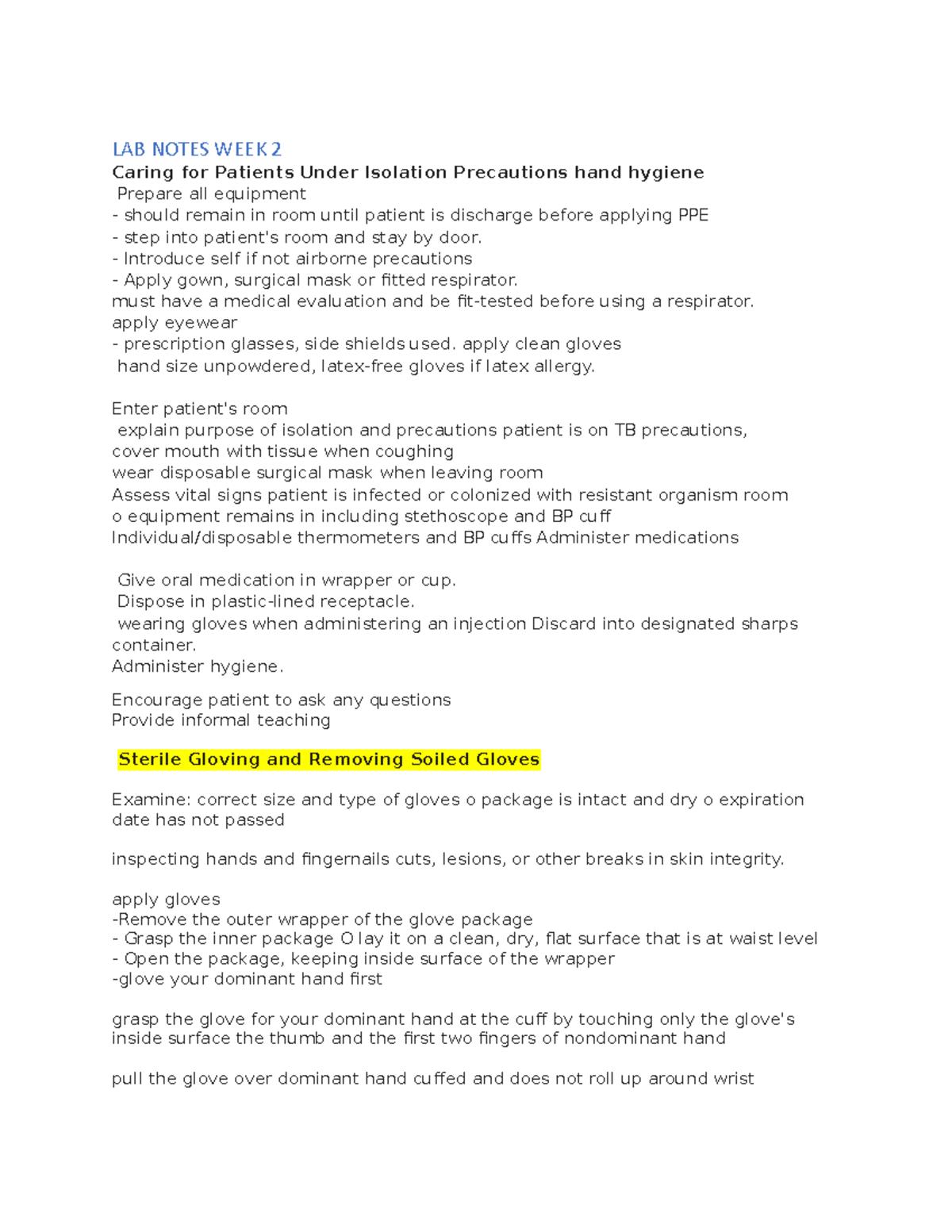 Lab notes skills essential for clinicals - LAB NOTES WEEK 2 Caring for ...