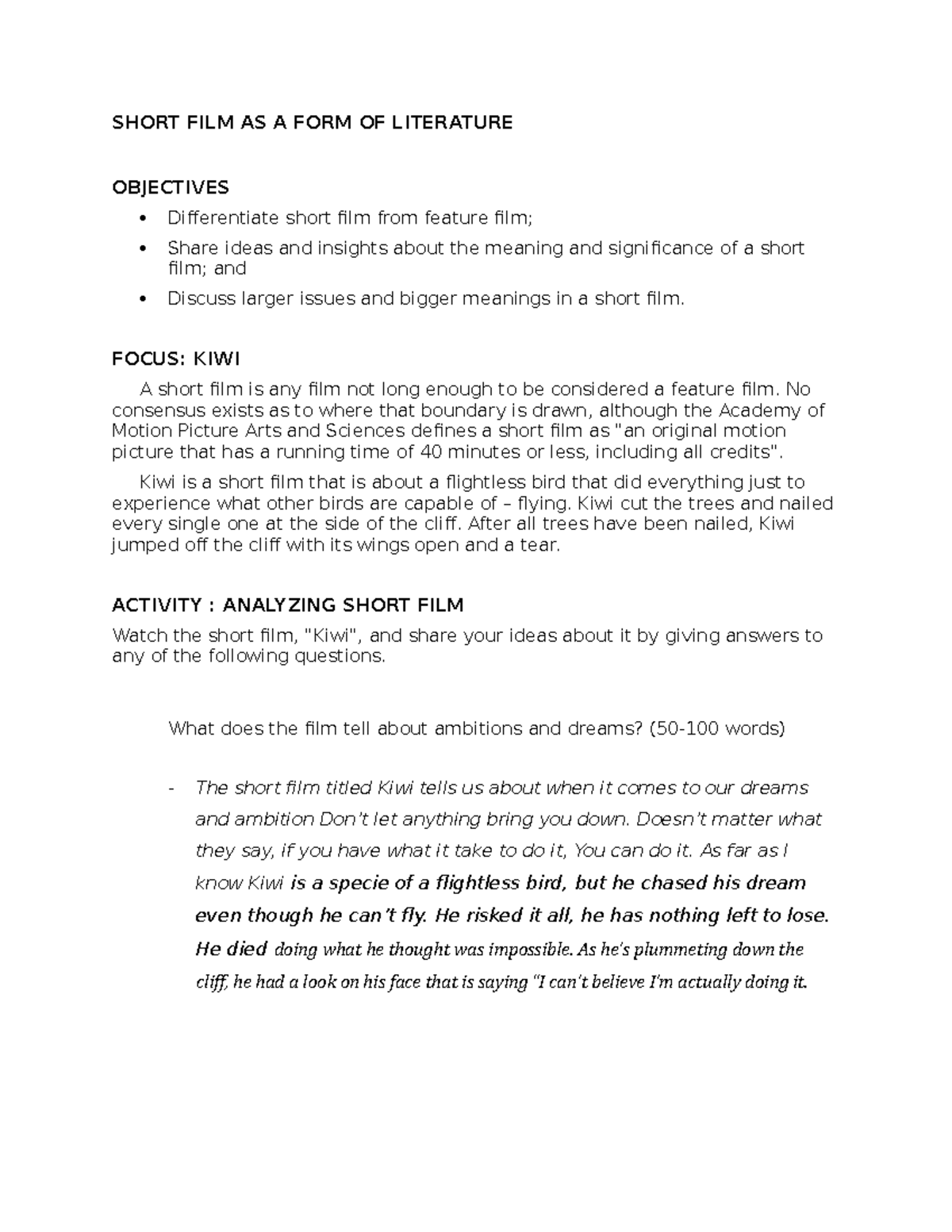 Kiwi Short Film - Lit111A_Kiwi - SHORT FILM AS A FORM OF LITERATURE ...