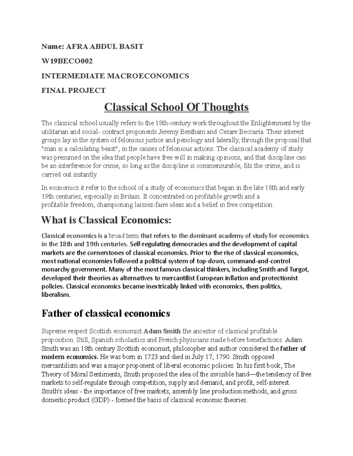 Intermediate Macroeconomics Project-1 - Name: AFRA ABDUL BASIT W19BECO ...