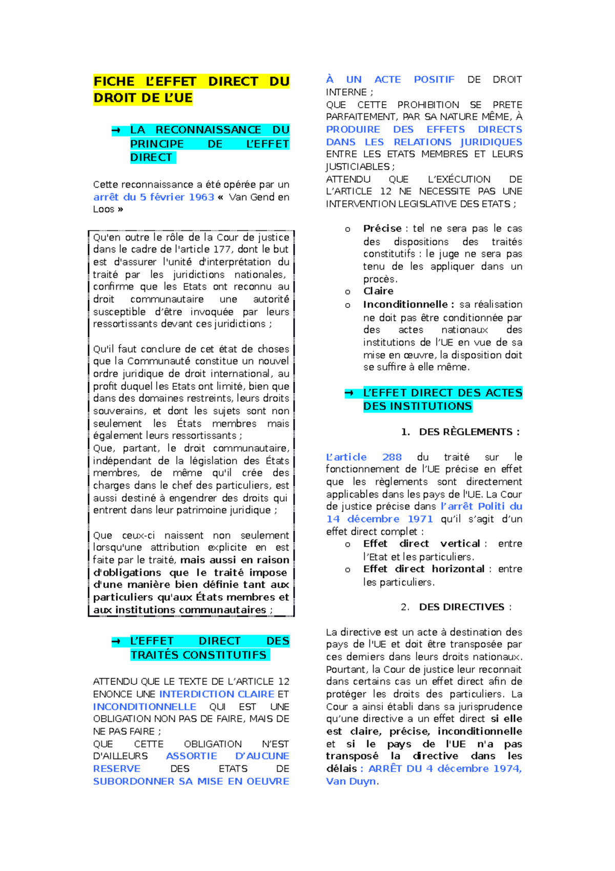 Fiche L’ Effet Direct DU Droit DE L’UE - FICHE L’EFFET DIRECT DU DROIT ...