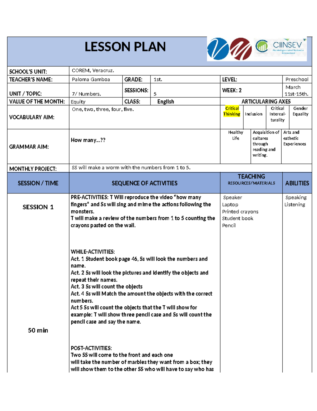 Lesson Plan Preschool March 11-15 Veracruz - LESSON PLAN SCHOOL'S UNIT ...