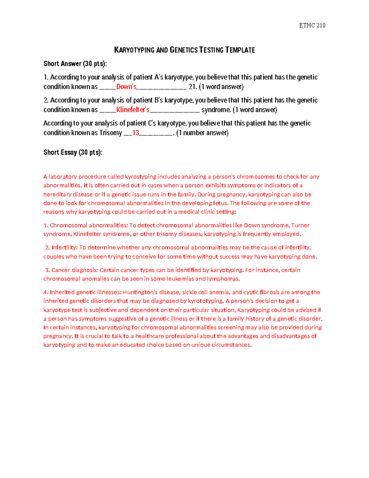 Karyotyping and Genetics Testing Template - ETHC 210 KARYOTYPING AND ...