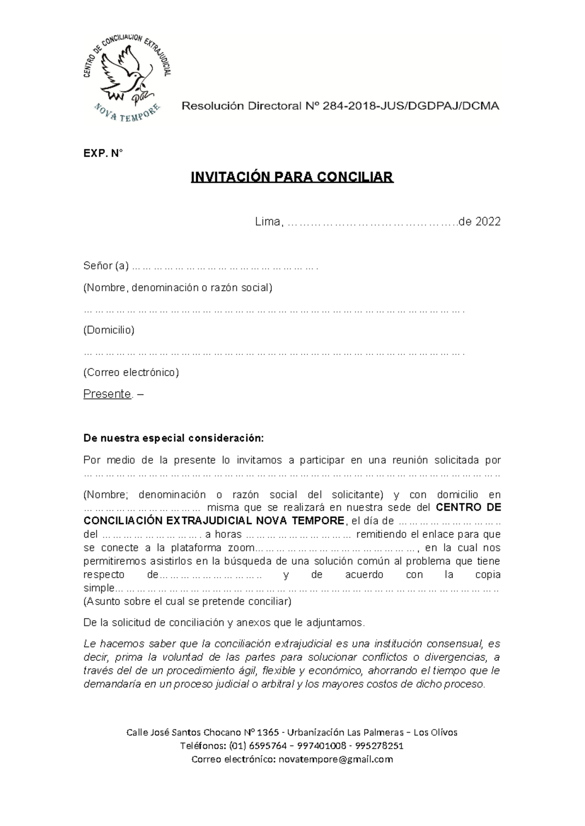 Modelo DE Invitación A Conciliar - EXP. N° INVITACIÓN PARA CONCILIAR ...
