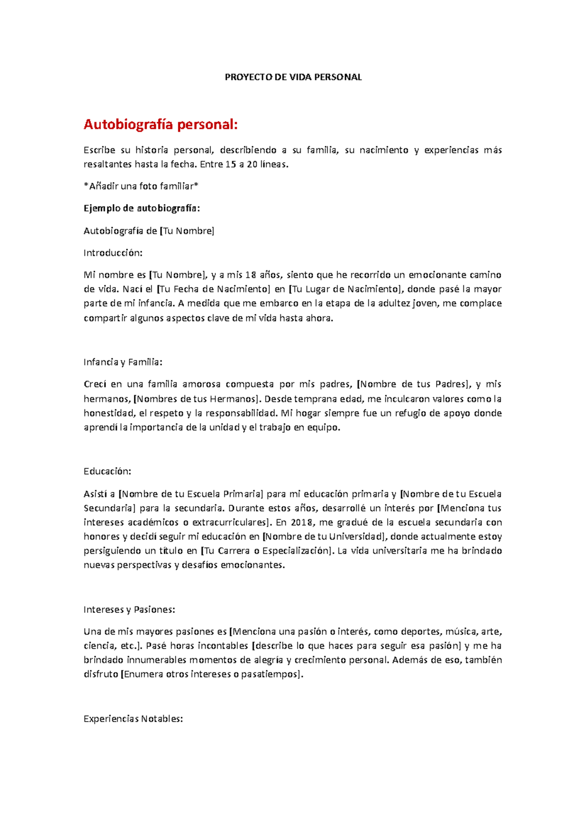 Proyecto DE VIDA Personal - PROYECTO DE VIDA PERSONAL Autobiografía ...