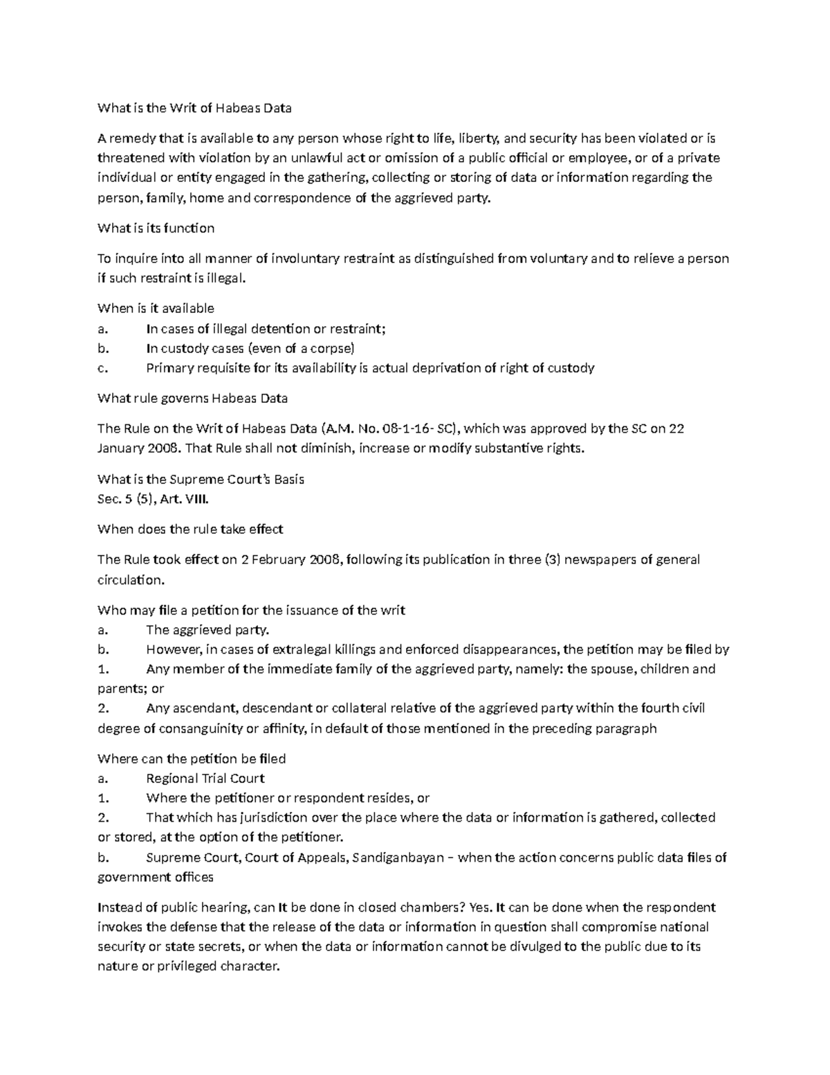 Writ of Habeas Data - Notes - What is the Writ of Habeas Data A remedy ...