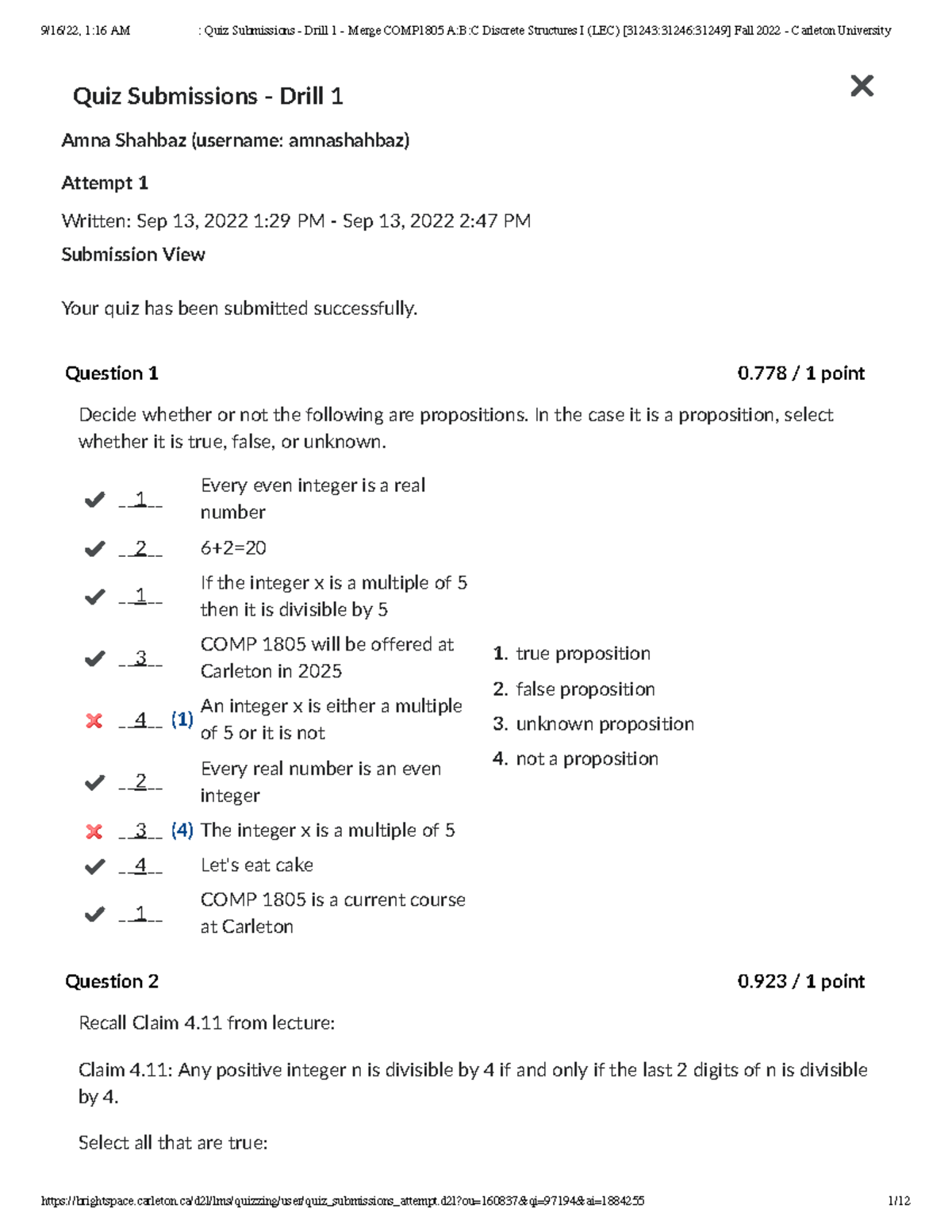 Quiz Submissions - Drill 1 - Merge COMP1805 A B C Discrete Structures I (LEC) [31243 31246 31249 ...
