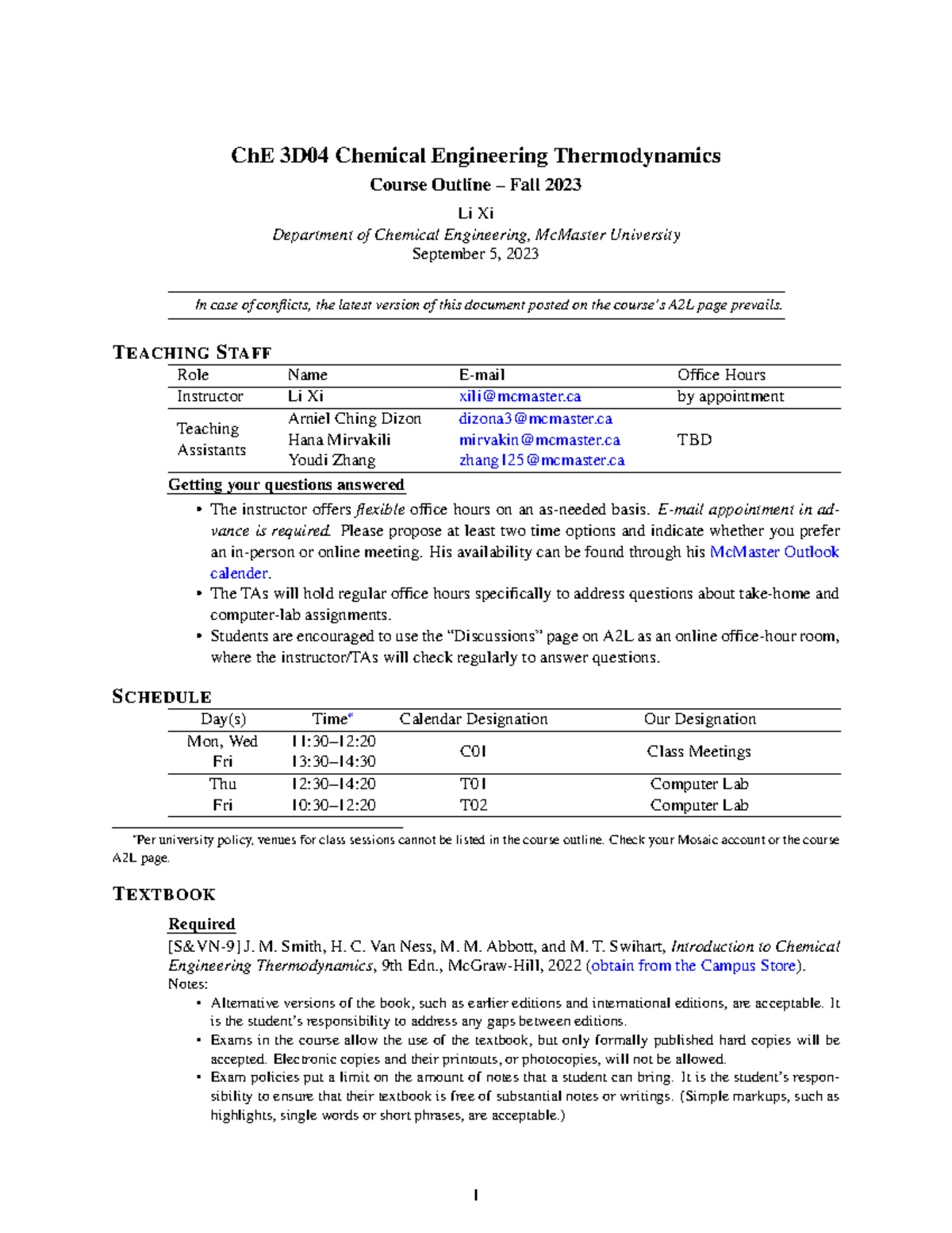 Ch E3D04 Outline Fall2023 20230905 - ChE 3D04 Chemical Engineering ...