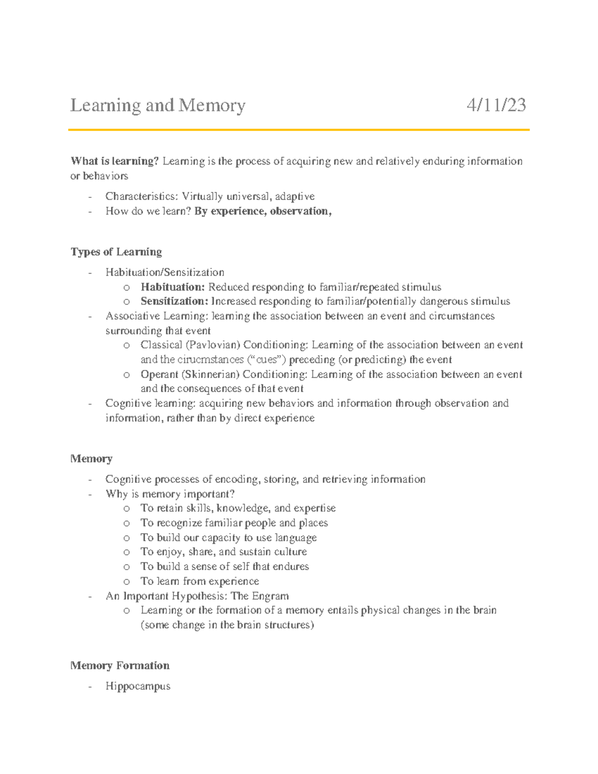 Physio Psych Exam 4 Notes - Learning and Memory 4/11/ What is learning ...