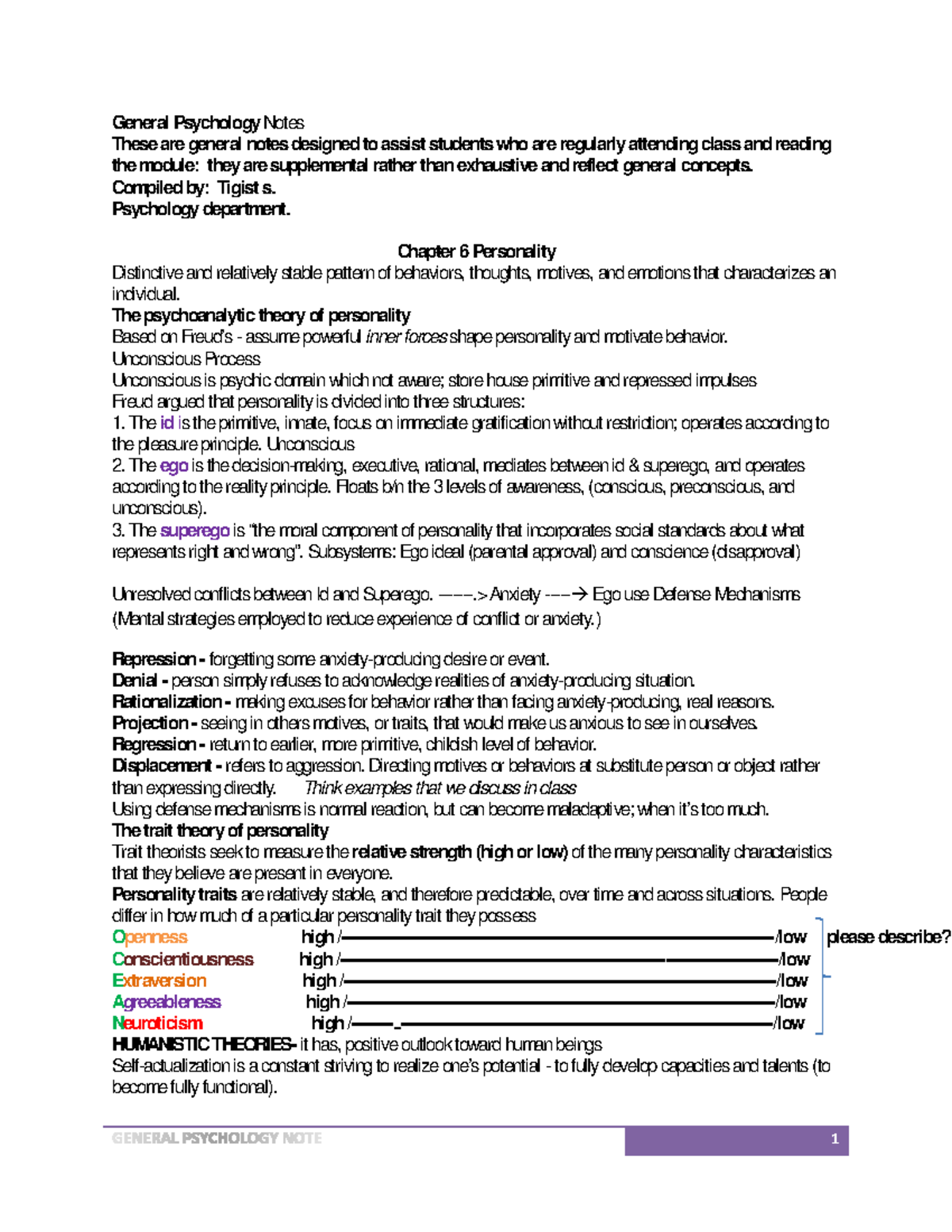 General Psychology Notes 2 - General Psychology Notes These are general ...