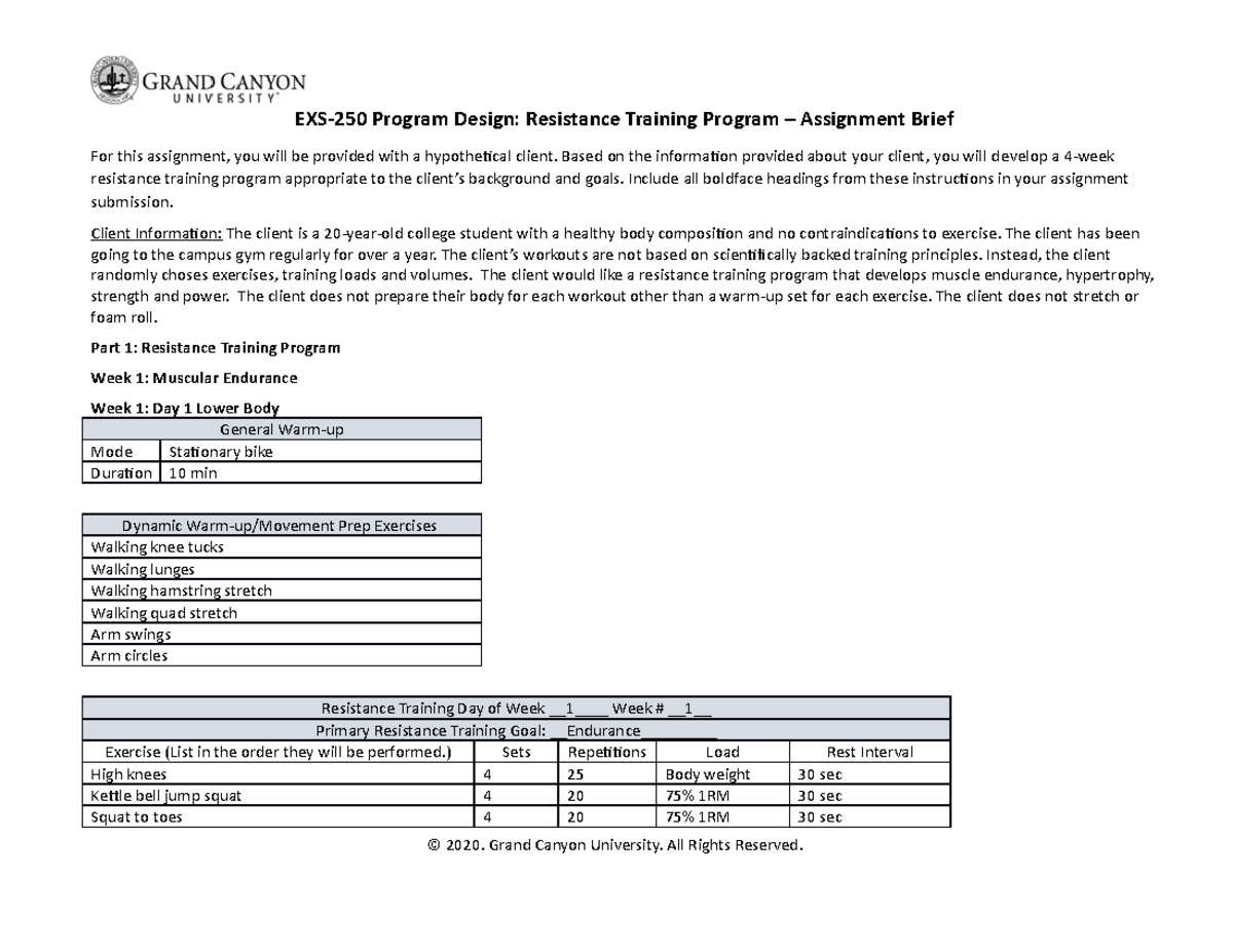 EXS 250 Resistance Trainining Program - EXS-250 Program Design: Resistance Training Program ...