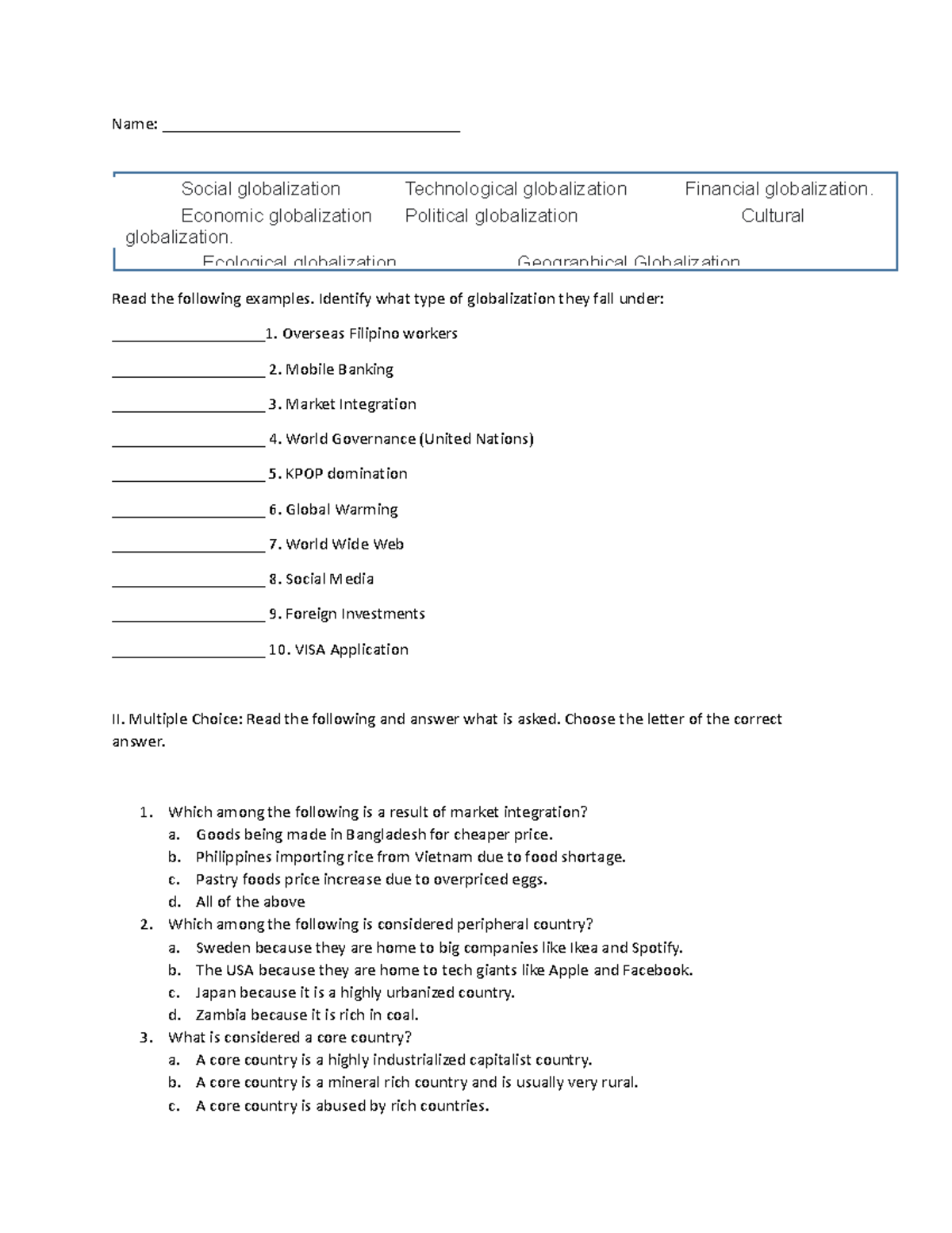 Quiz-1 (the contemporary world) - Name ...