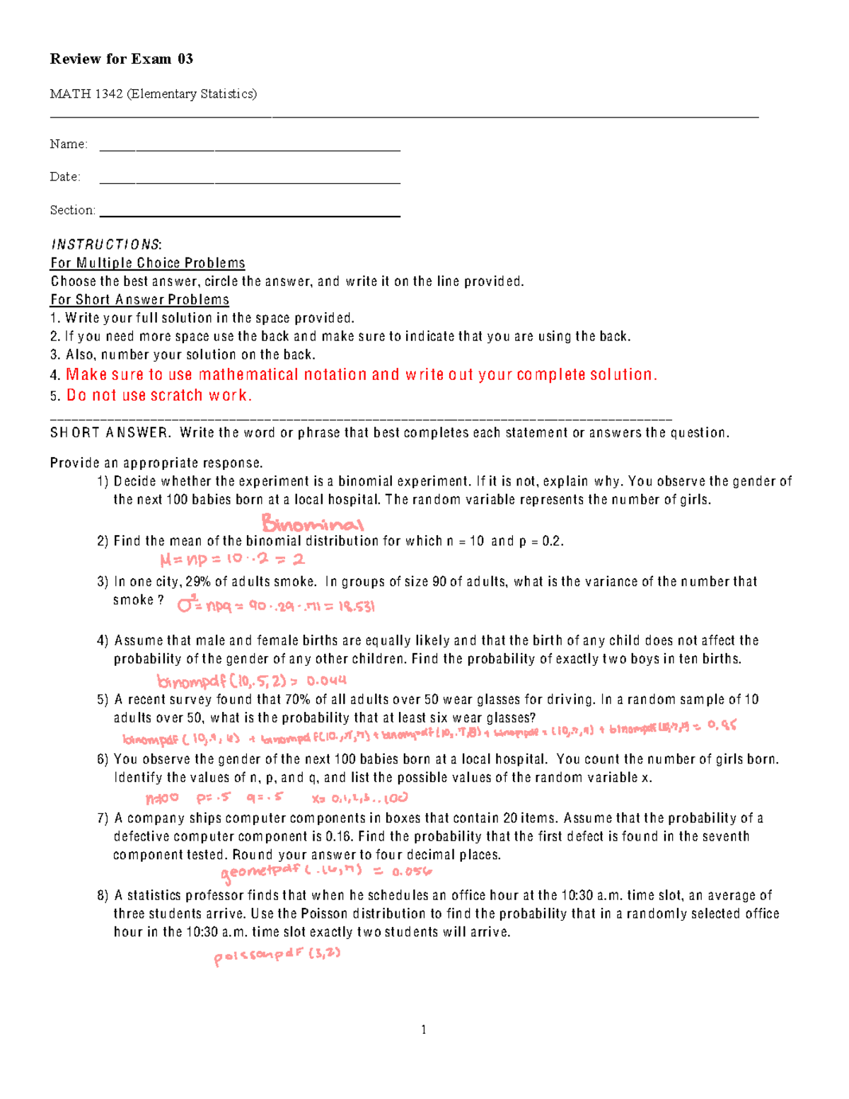 elementary statistics exam 03 review - Review for Exam 03 MATH 1342 ...