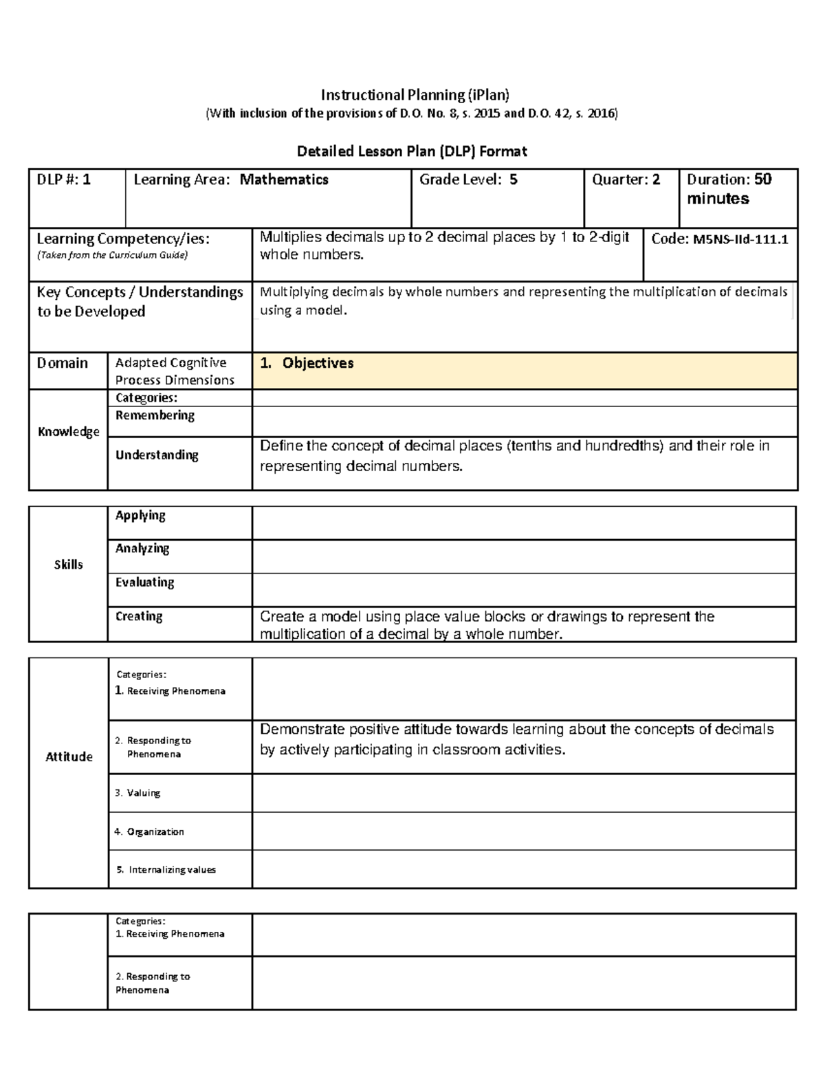 Lesson Plan in Math - Instructional Planning (iPlan) (With inclusion of ...