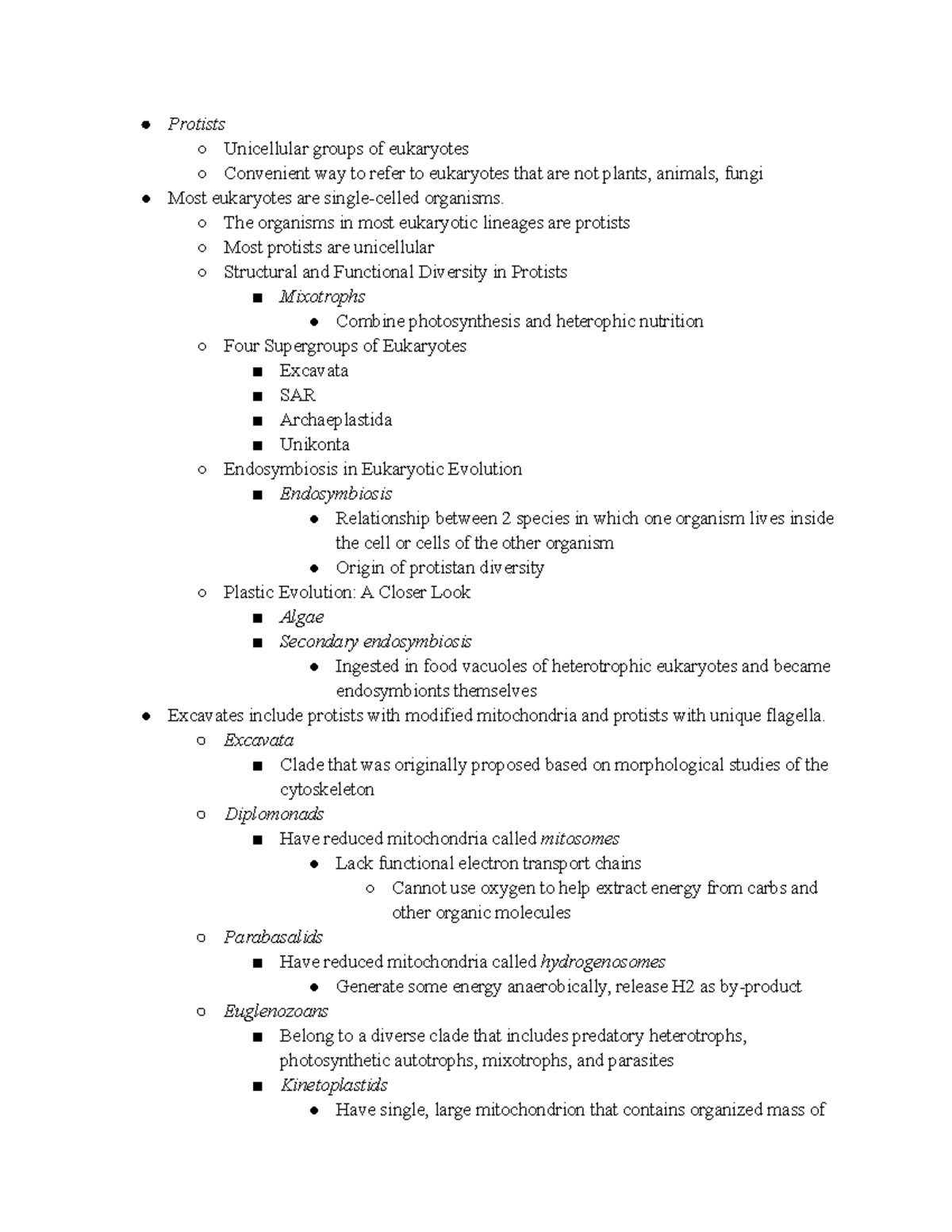 28 - Protists - Summary Campbell Biology - Protists Unicellular groups ...