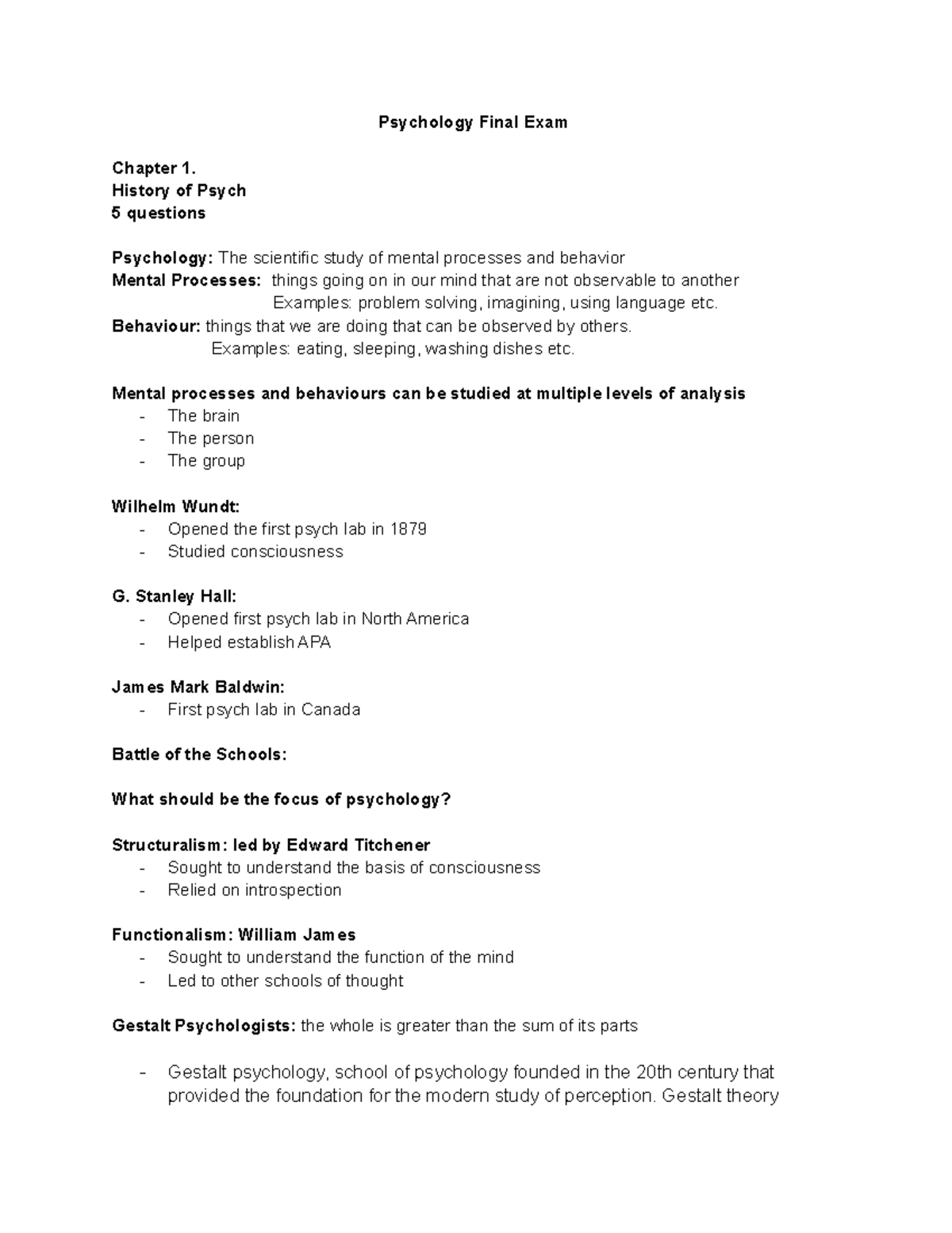 chapter 1 psychology 102 - Psychology Final Exam Chapter 1. History of ...