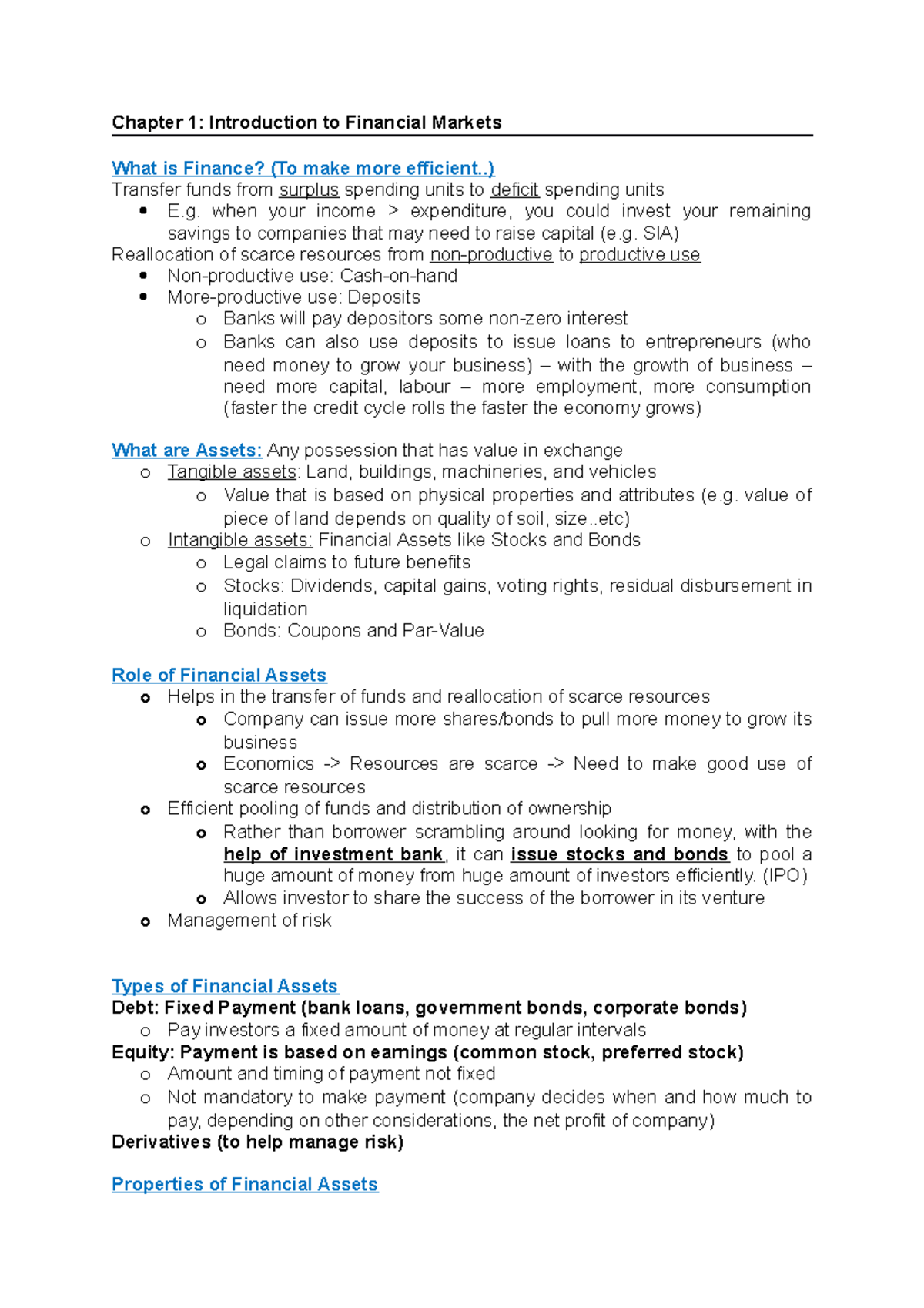 Overall Notes - Chapter 1: Introduction to Financial Markets What is ...