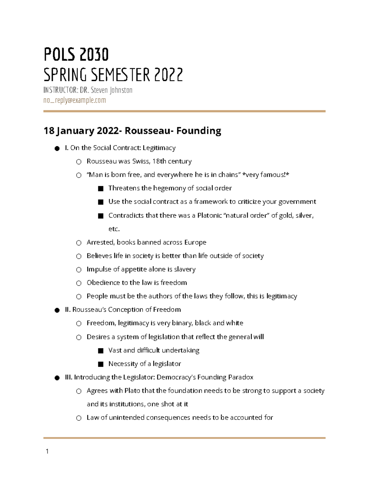 Class notes 1 18 22 - Professor Johnston - POLS 2030 SPRING SEMESTER ...