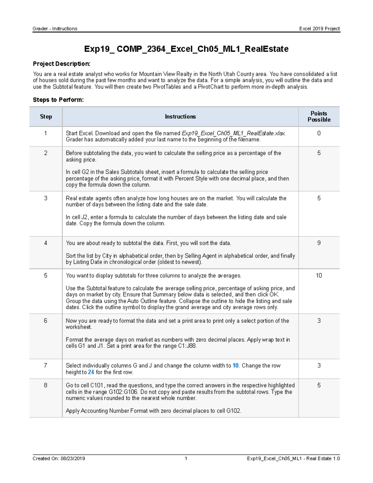Assignment 05 Real Estate - Grader - Instructions Excel 2019 Project Exp19_ - Studocu