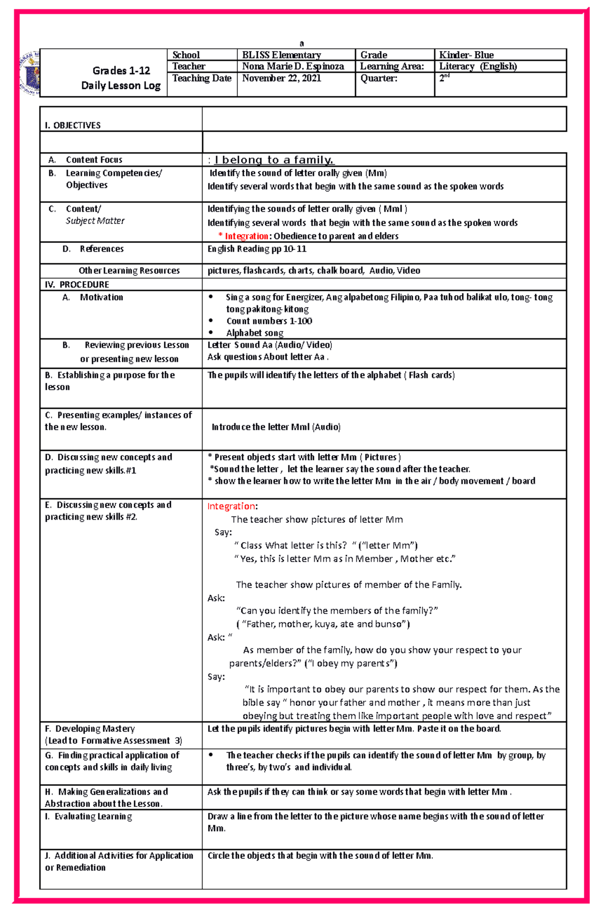 DEMO PLAN- Letter M - Copy - a Grades 1- Daily Lesson Log School BLISS ...