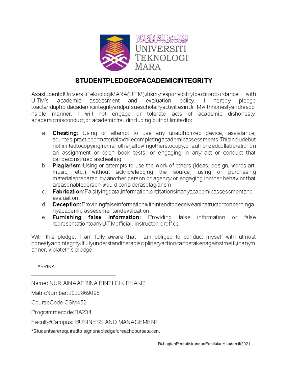 Student Pledge OF Academic Integrity - STUDENTPLEDGEOFACADEMICINTEGRITY ...