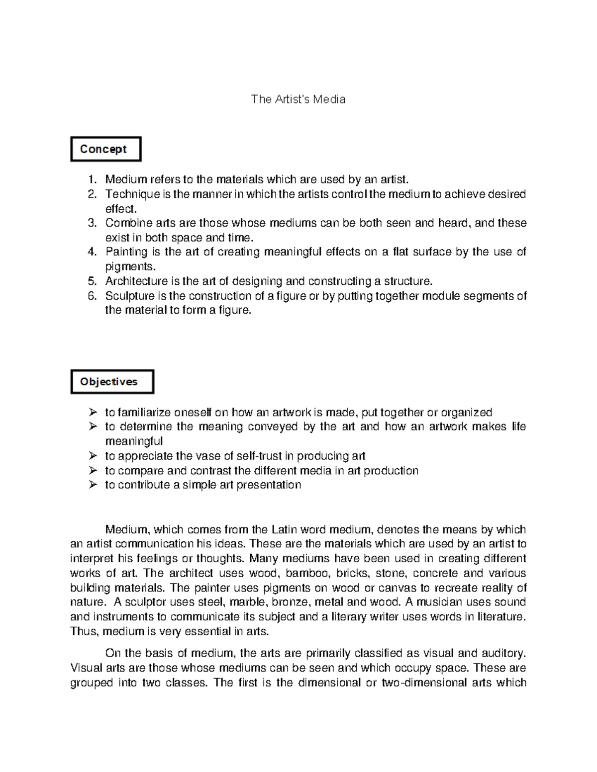 Module 2 The Artists' Media - The Artist’s Media Medium refers to the ...