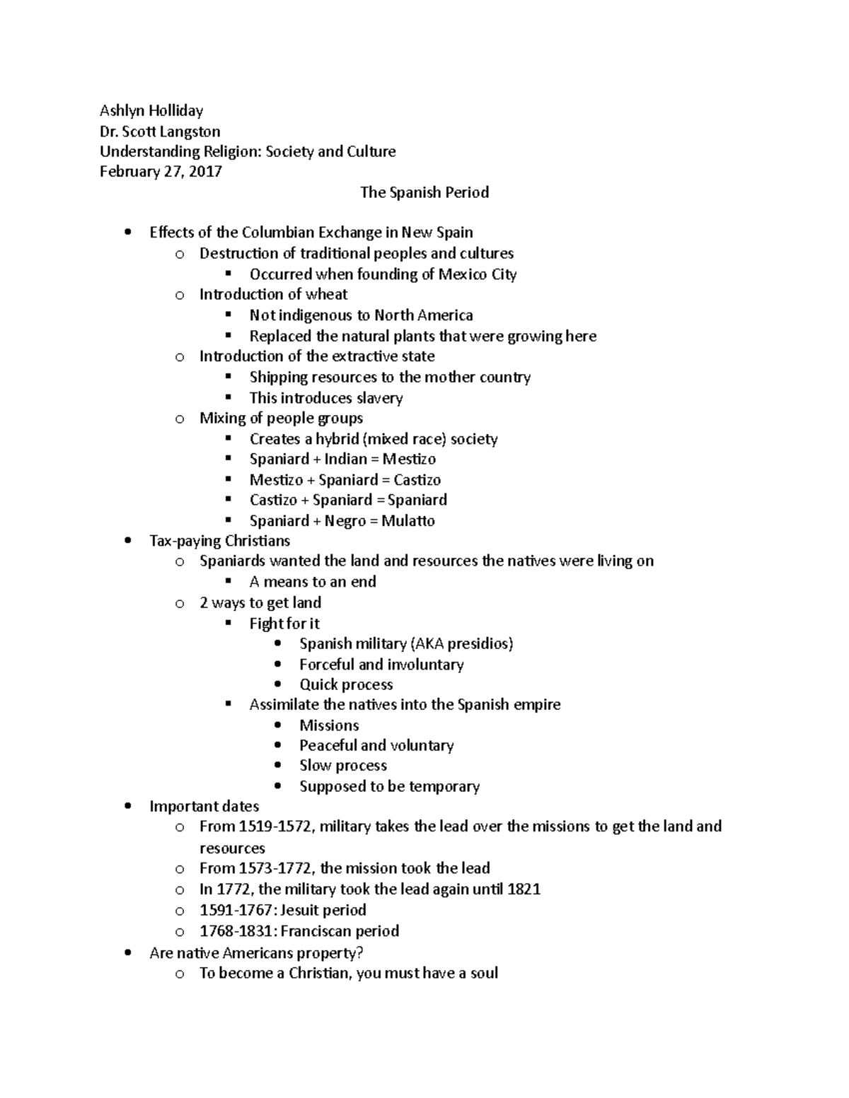 7- The Spanish Period - Lecture notes 7 - Ashlyn Holliday Dr. Scott ...